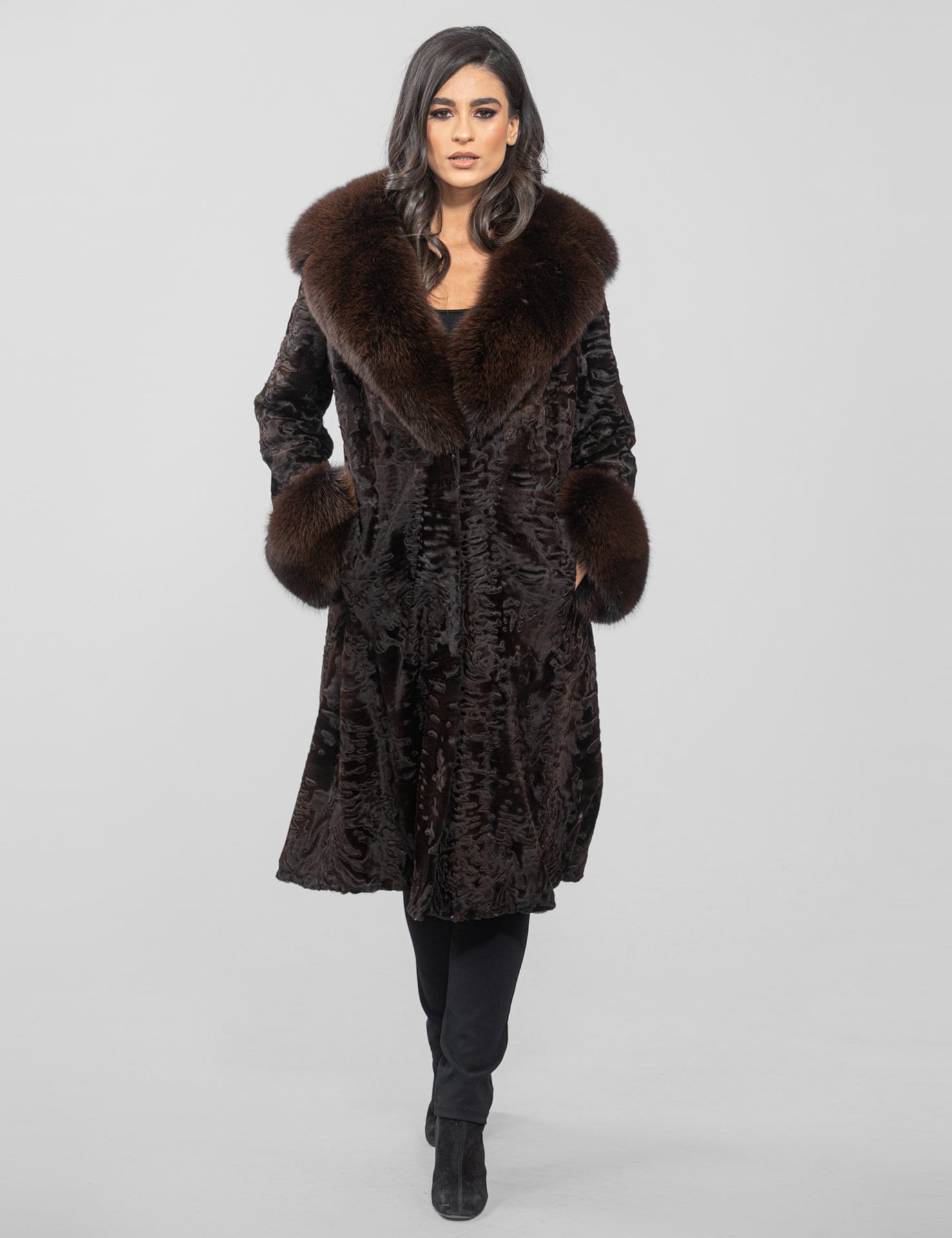 Long Line High Quality Real Astrakhan Fur Coat, Brown Color, Fluffy Fox ...