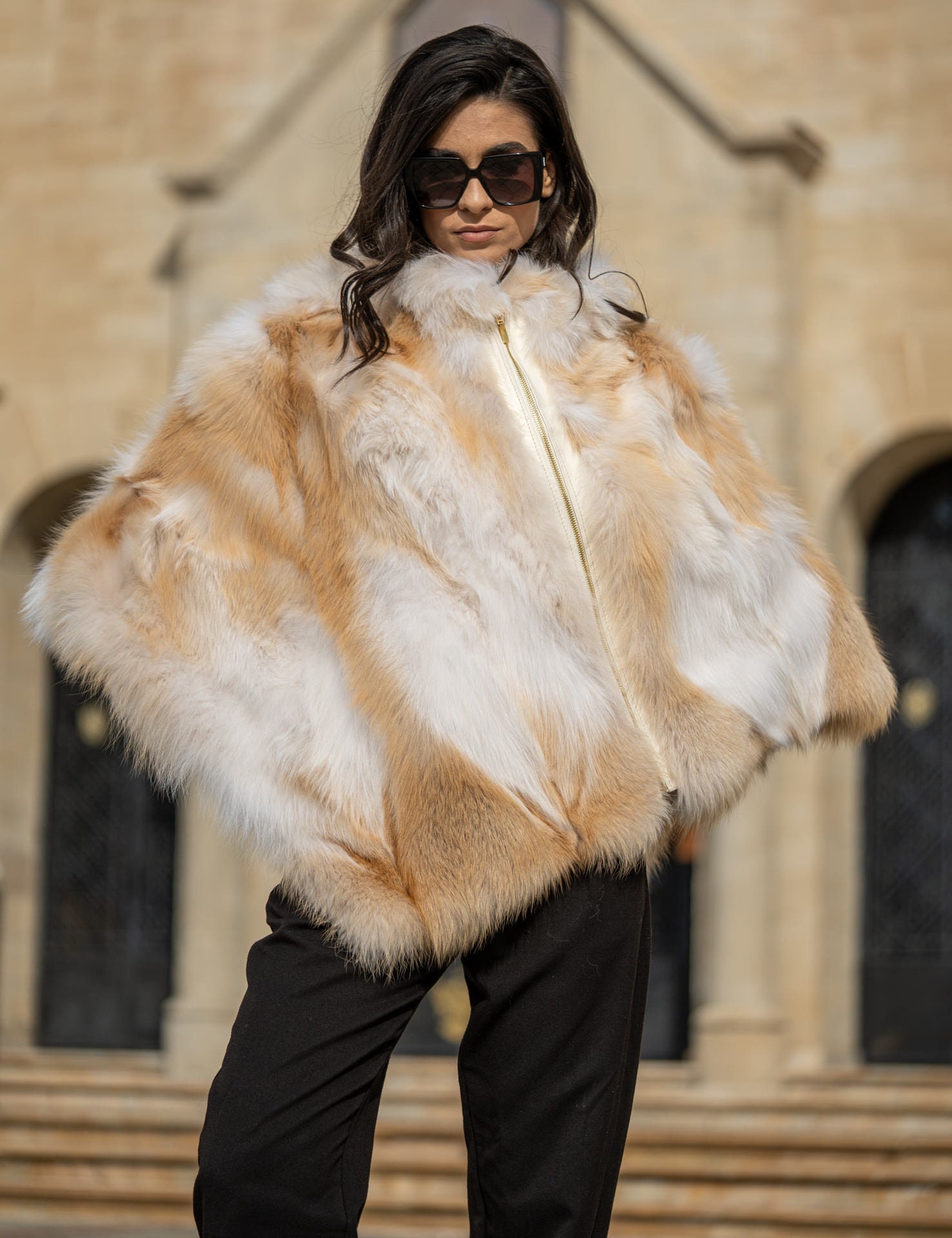 Fluffy Fox Fur Poncho With Zipper Closure. ONE SIZE Real Fur Cape, Gold ...