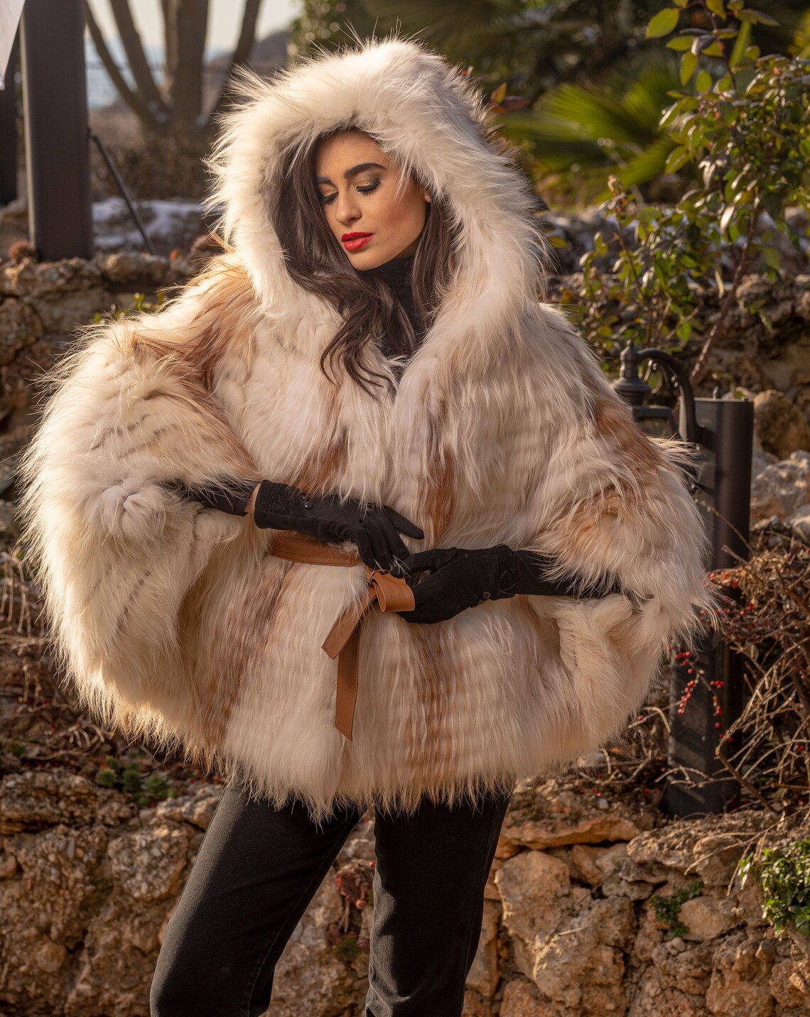Fluffy Real Fox Fur Cape With Hood and Leather Belt. Winter Fur Cape ...