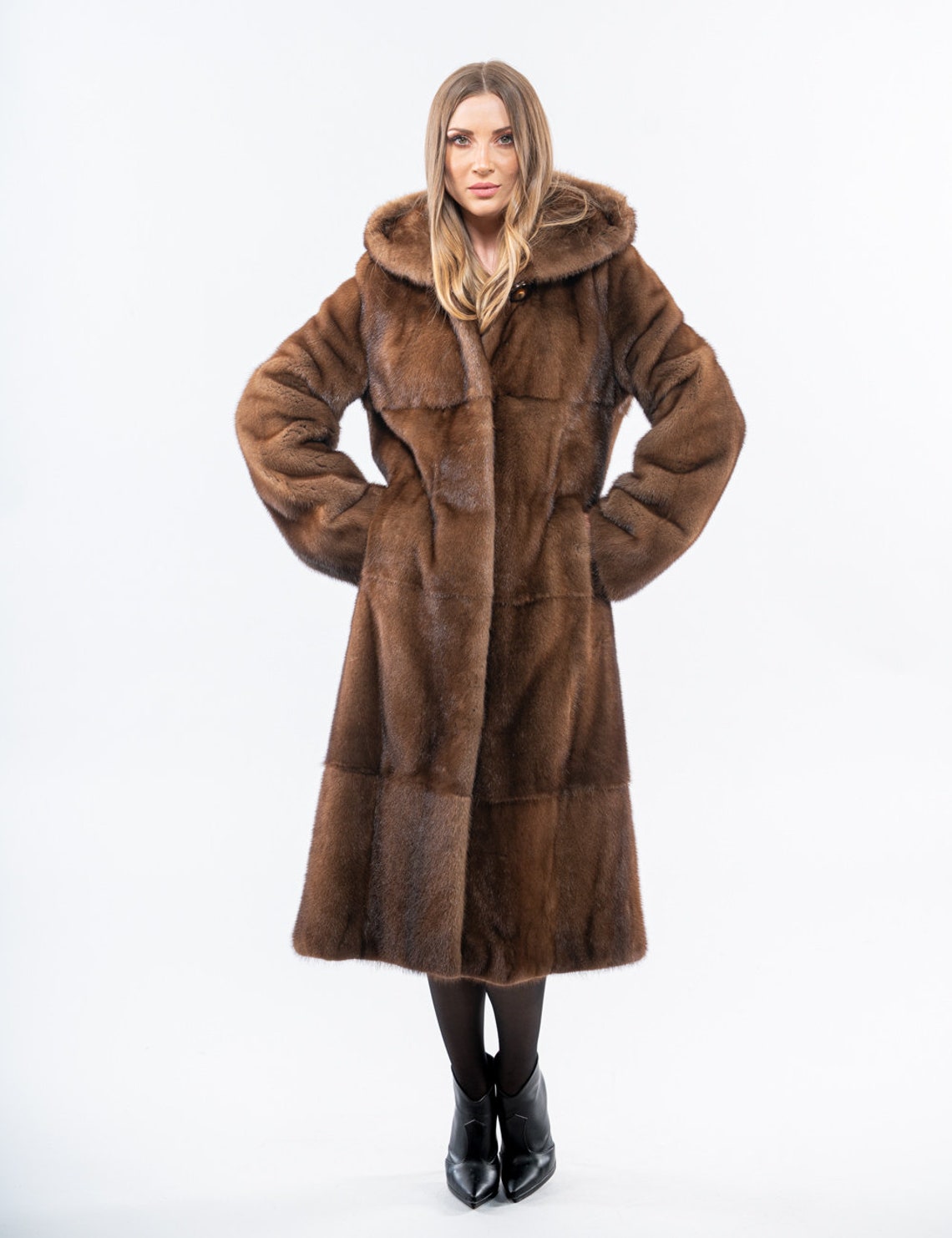Hooded Brown Saga Long Line Mink Fur Coat. Overcoat, Warm Coat, Full ...