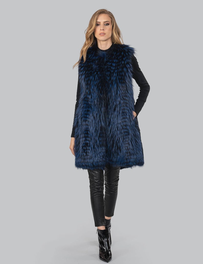 Blue Fluffy Real Fox Fur Vest With Rabbit Fur. Long Line Modern Womens ...