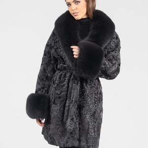 Black Grey Real Astrakhan Fur Coat With Fluffy Fox Fur Collar and Cuffs ...