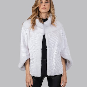 ONE SIZE White Real Mink Fur Cape With Sheared Details. Natural Color ...