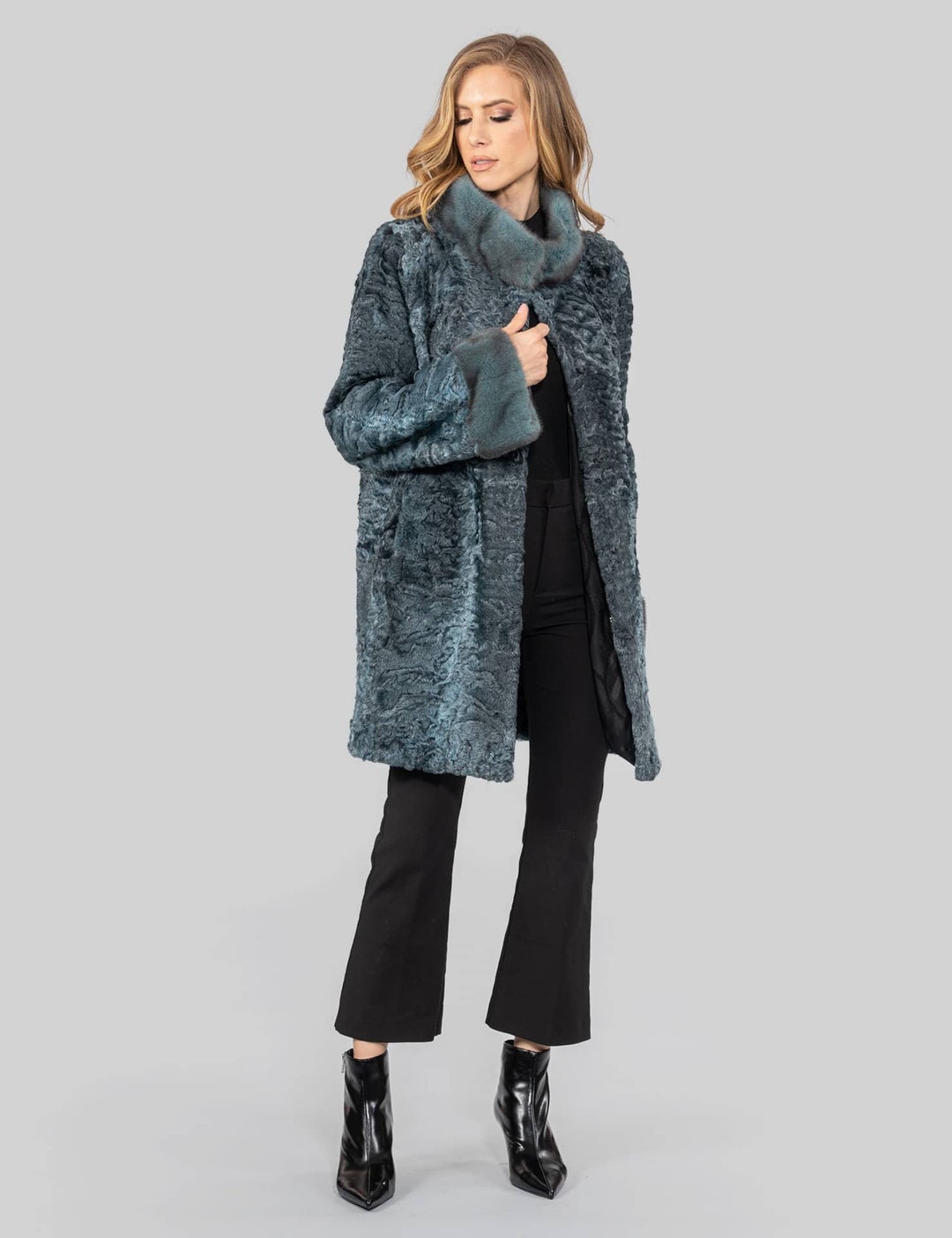 Real Astrakhan Fur Coat With Mink Details. Petrol Color. Modern Knee ...