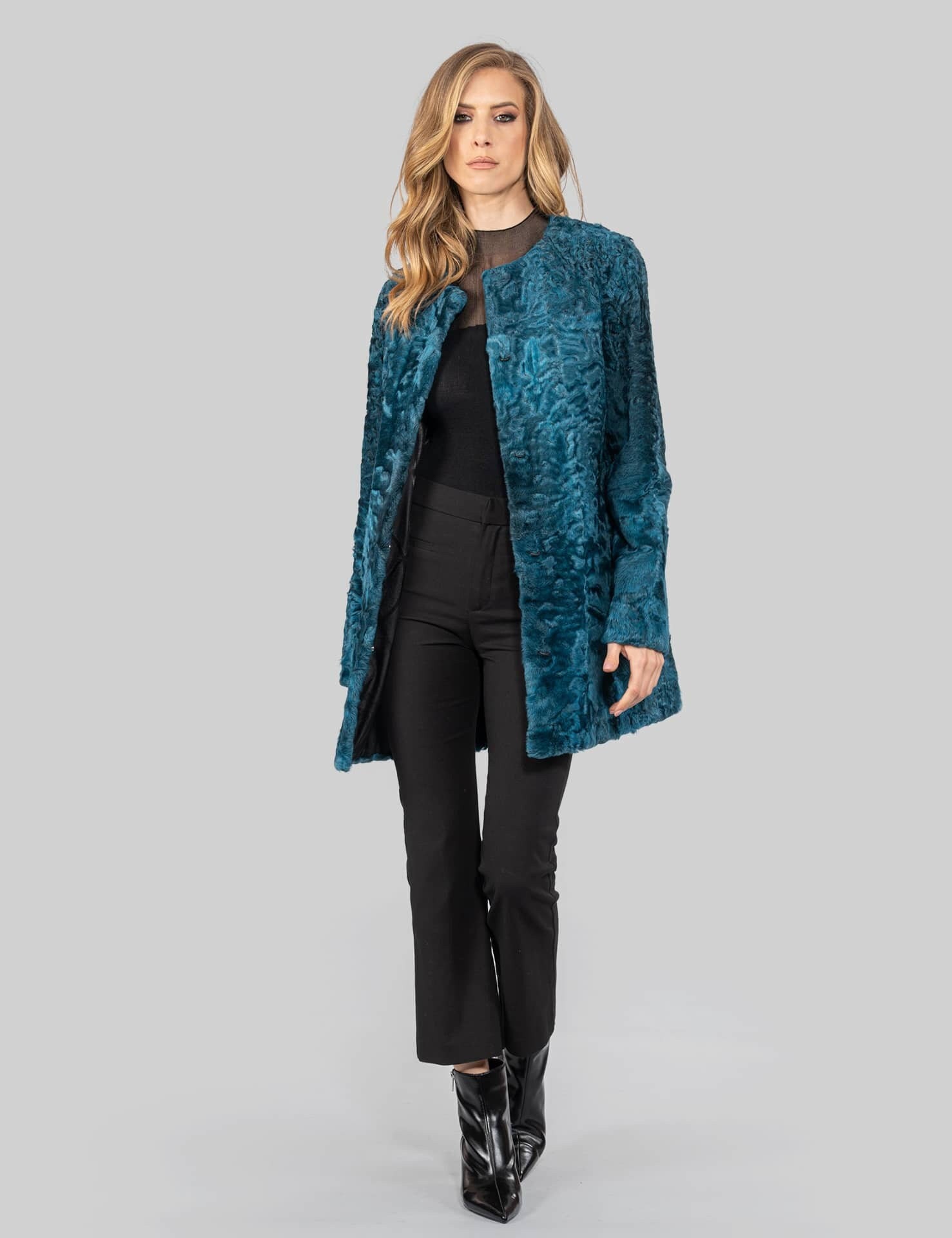 Luxury Astrakhan Fur Coat. Turquoise Color. Collarless. Modern Womens ...