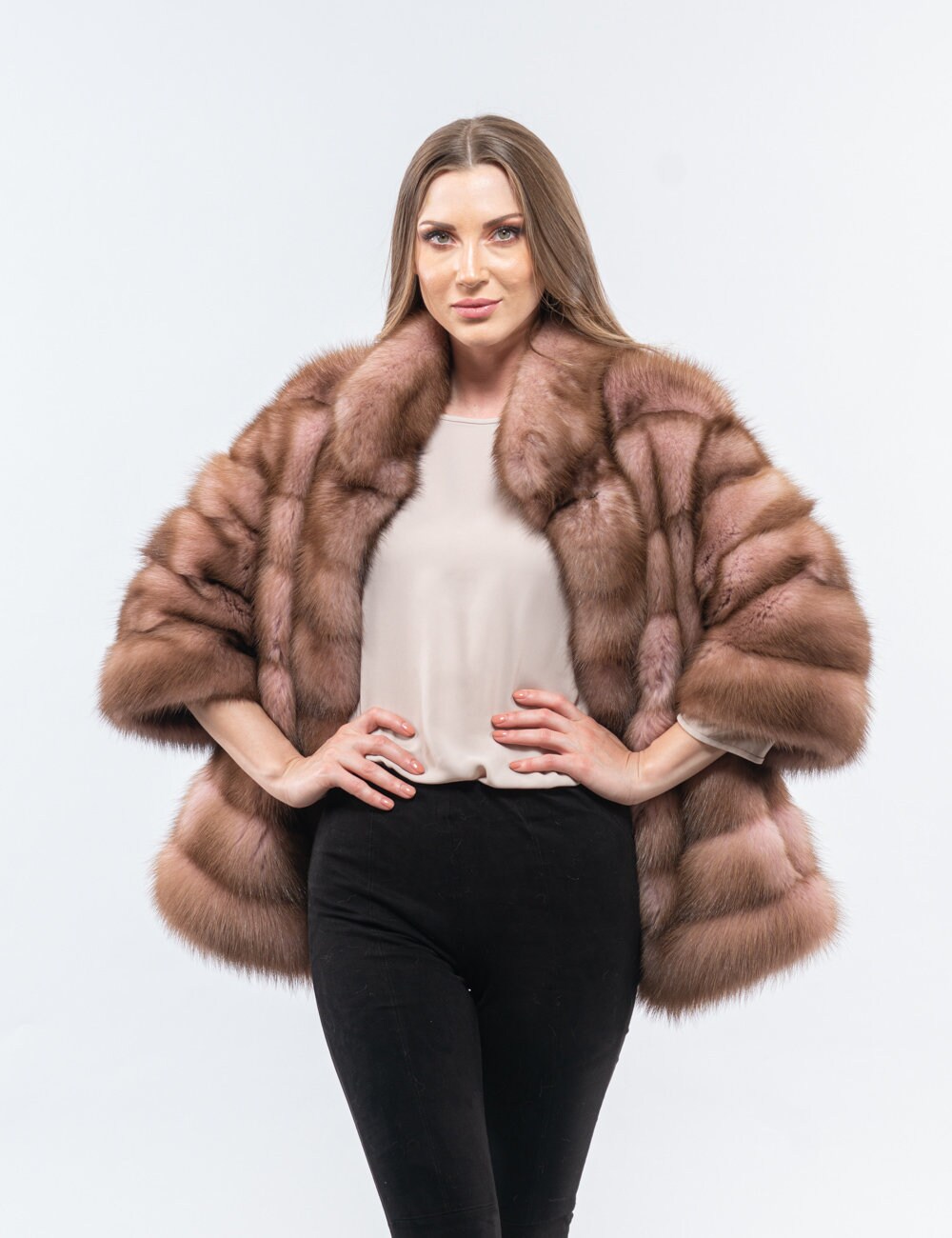 Long Hair Real Sable Marten Fur Jacket in a Pink Brown Color. Full Skin ...