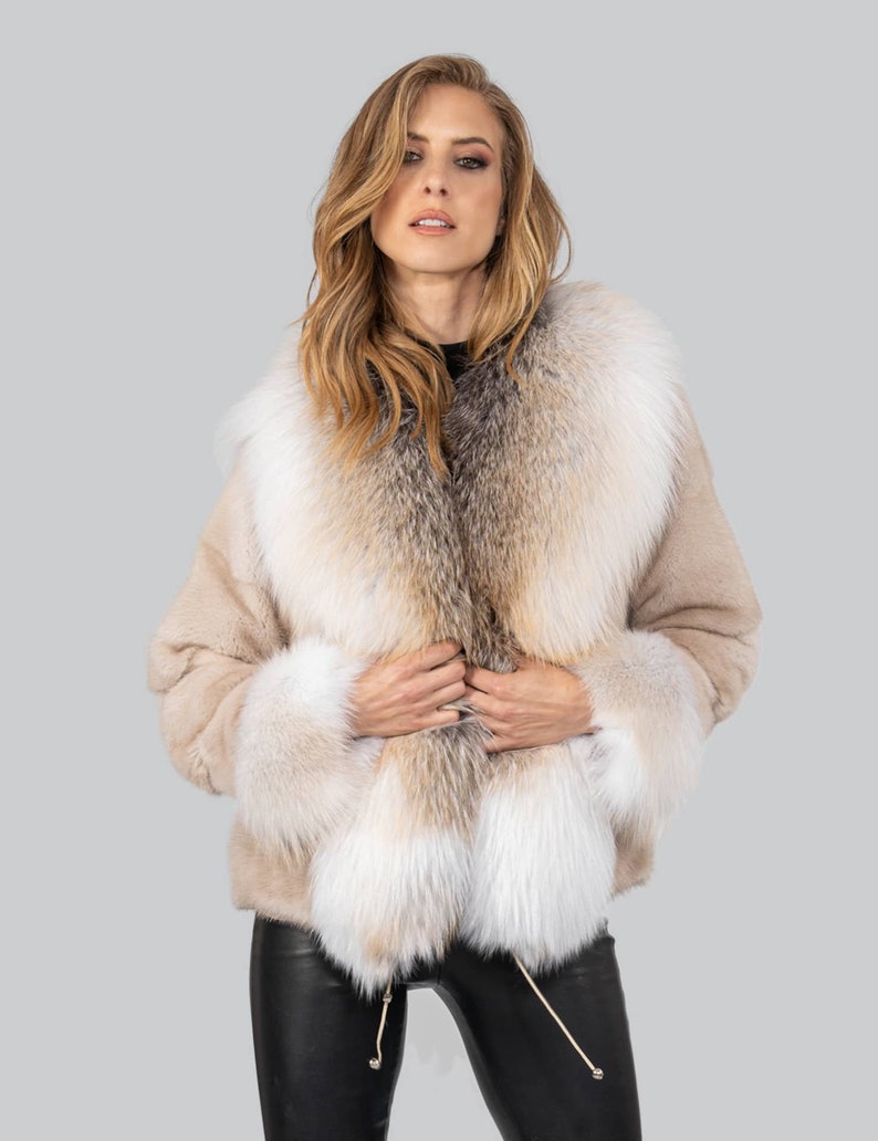Pearl Mink Fur Jacket With Fluffy Real Fox Fur Collar and Cuffs. Modern ...