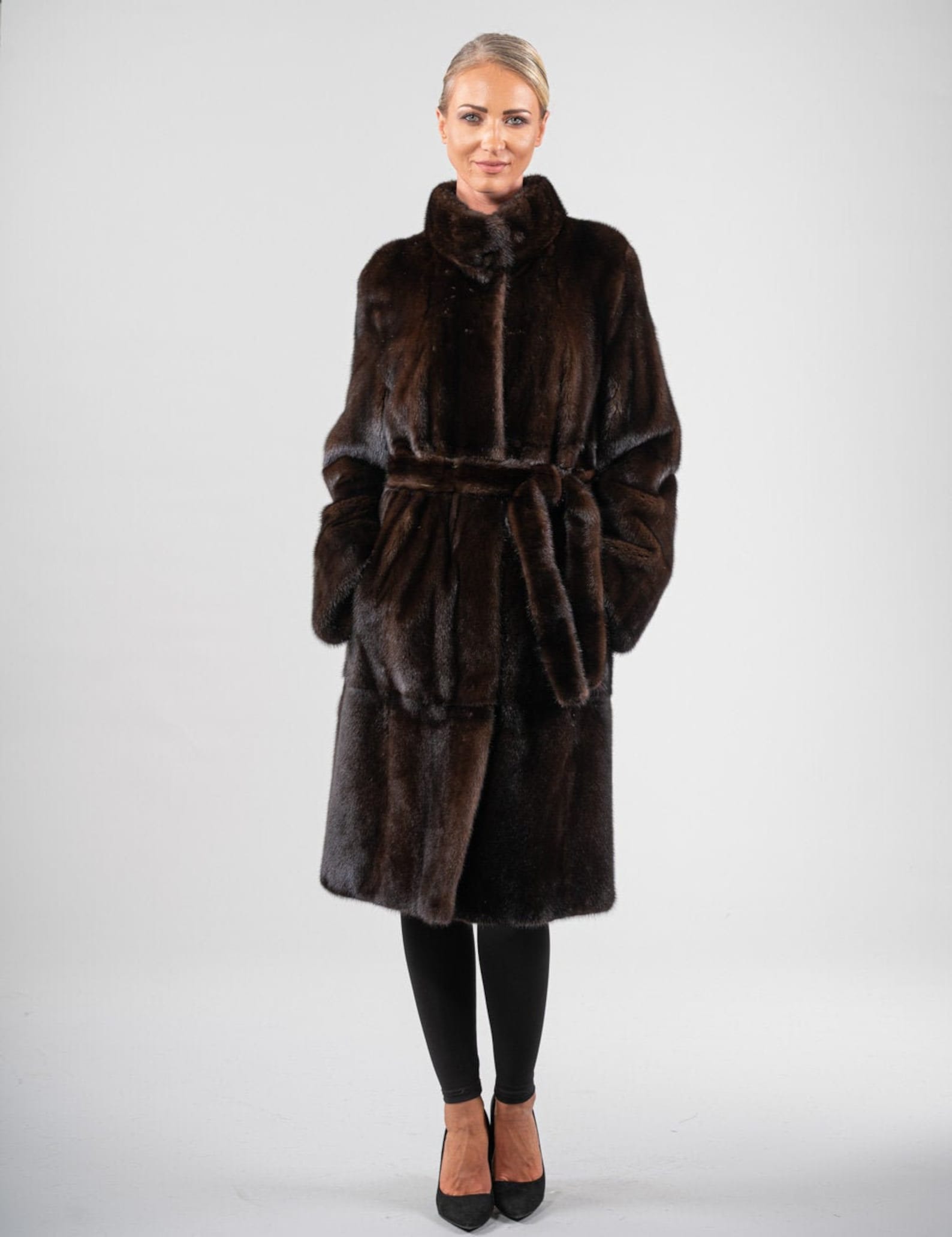 Long Dark Brown Saga Mink Fur Coat With Belt. Full Skin Real Mink Fur ...