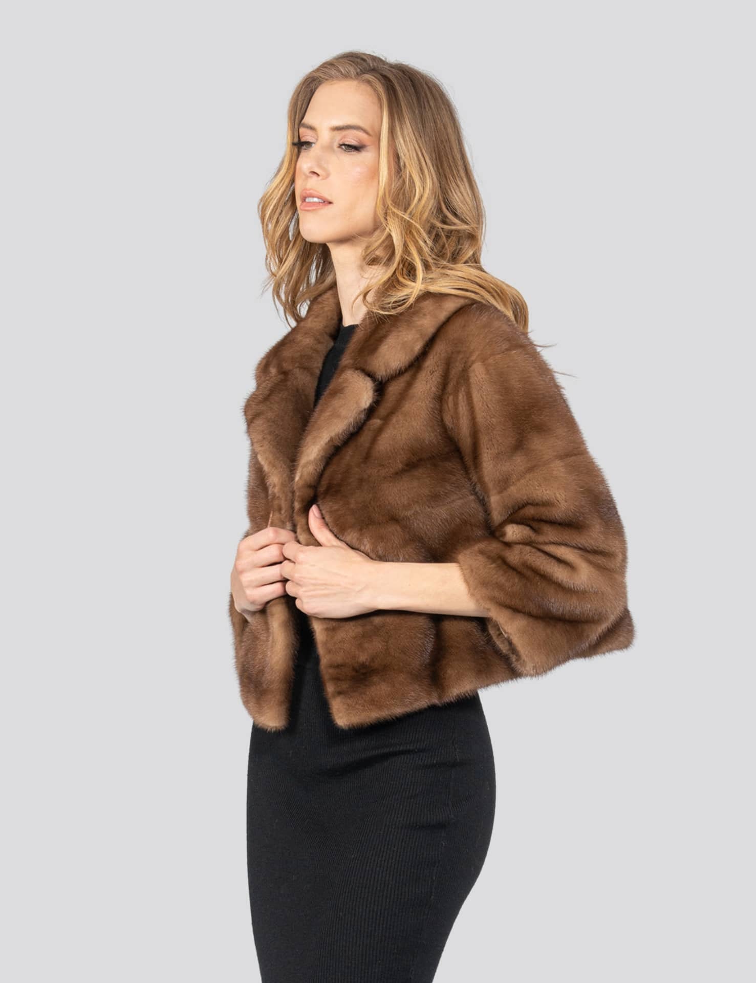 Short Line Demi Buff Real Mink Fur Jacket With 7/8 Sleeves. Natural ...