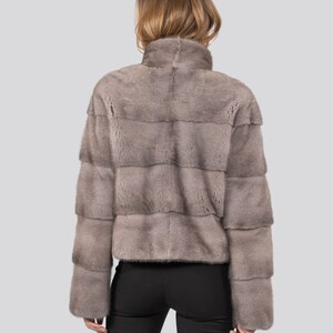 Short Line Silver Grey Real Mink Fur Jacket With Stand Collar. Modern ...
