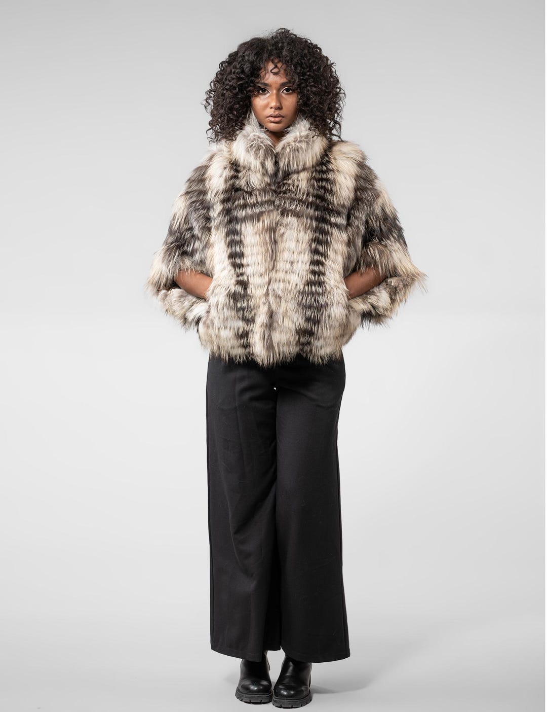 Beige and Brown Fluffy Fox Fur Cape With Stand Collar. Modern Women’s ...