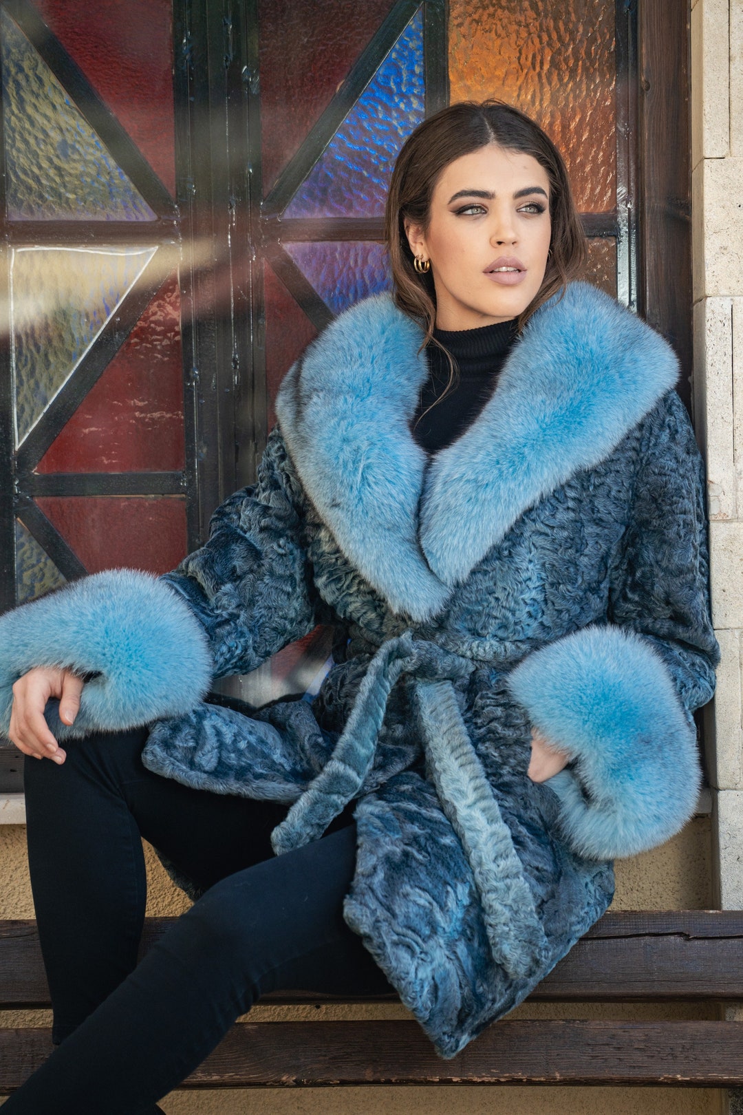 Modern Long Line Real Astrakhan Fur Coat With Fox Fur Collar and Cuffs ...
