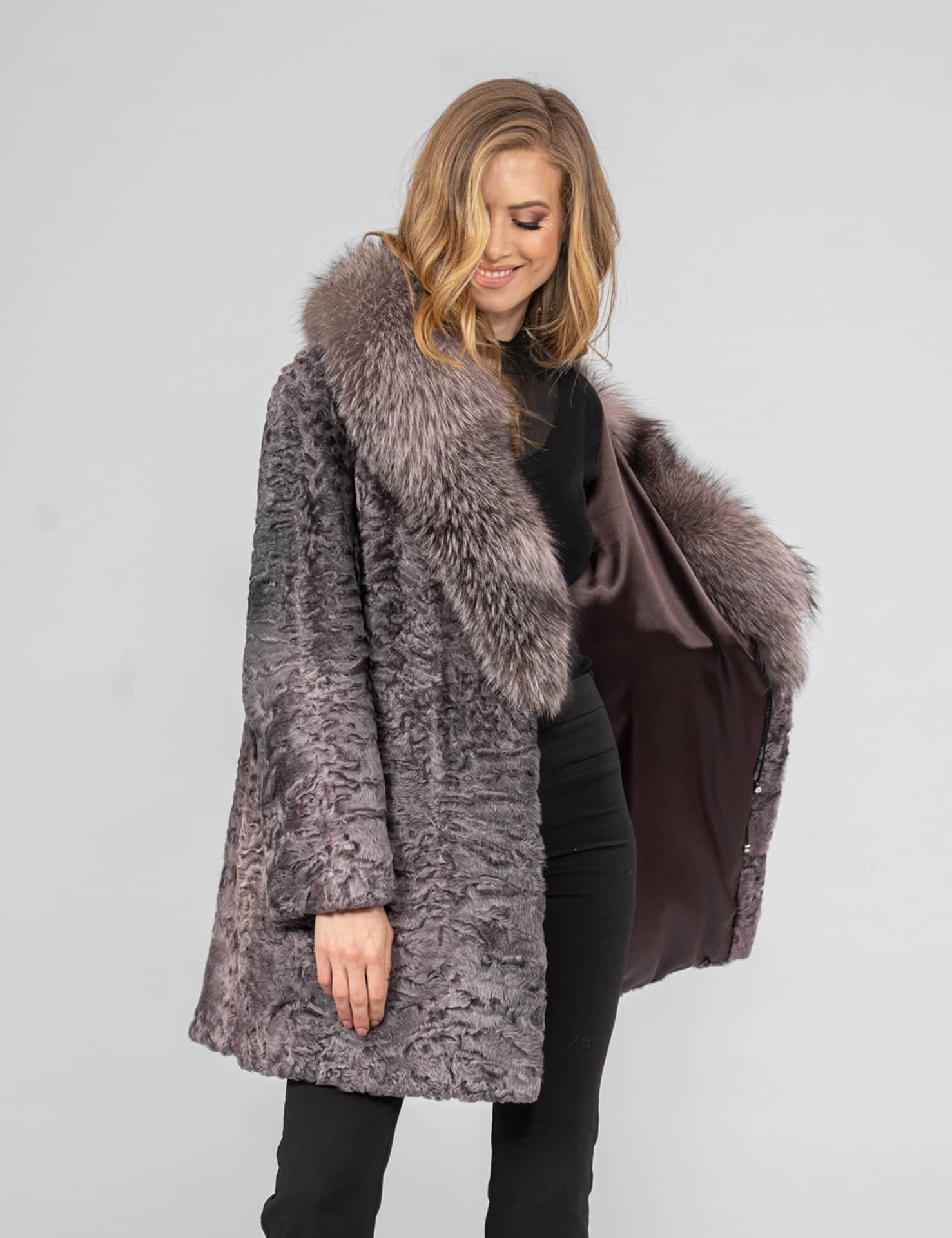 Light Purple Real Astrakhan Fur Coat With Fluffy Fox Fur Collar. Modern ...
