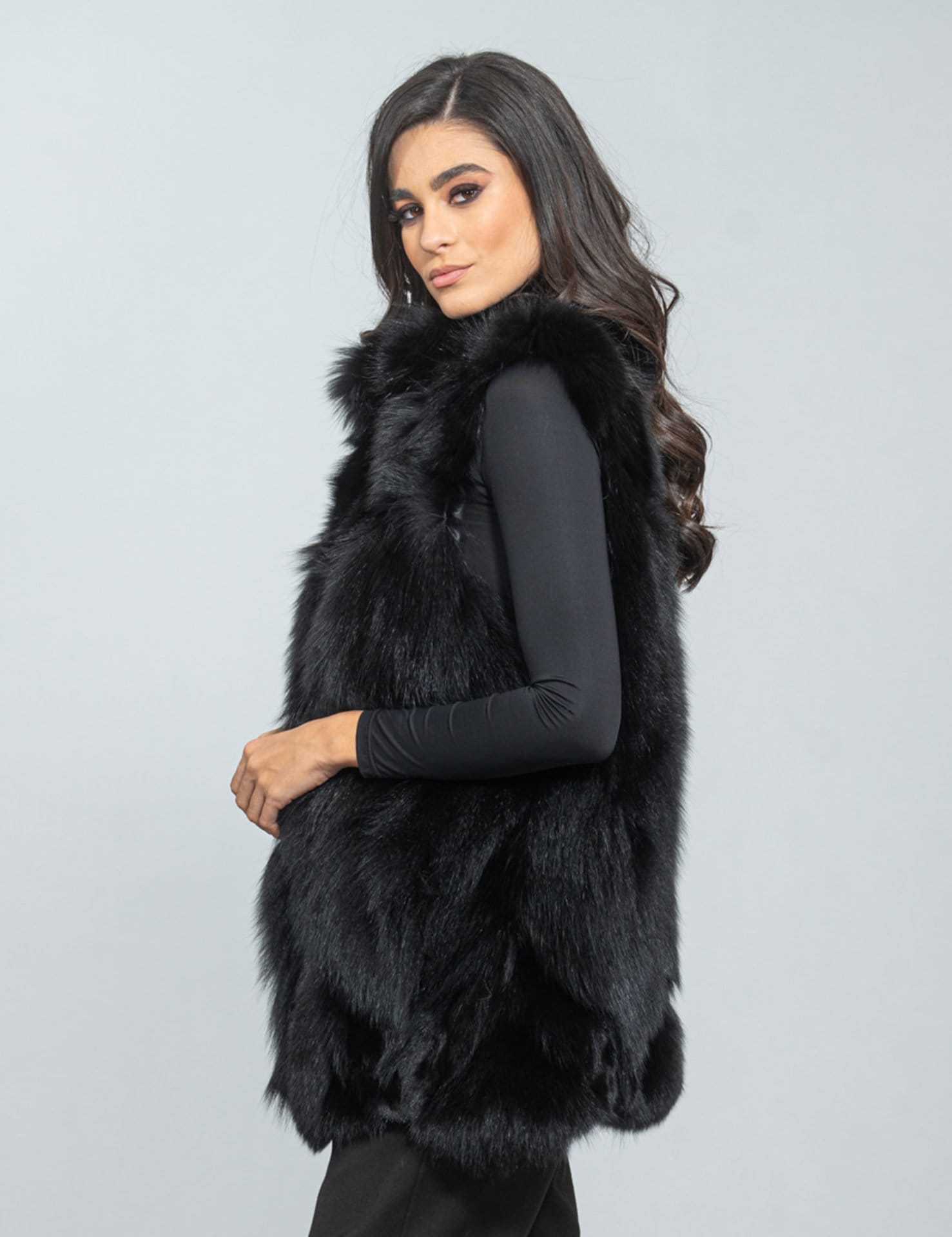 Black Fox Fur Vest With Stand Collar. Fluffy Real Fox Fur Vest. Winter ...
