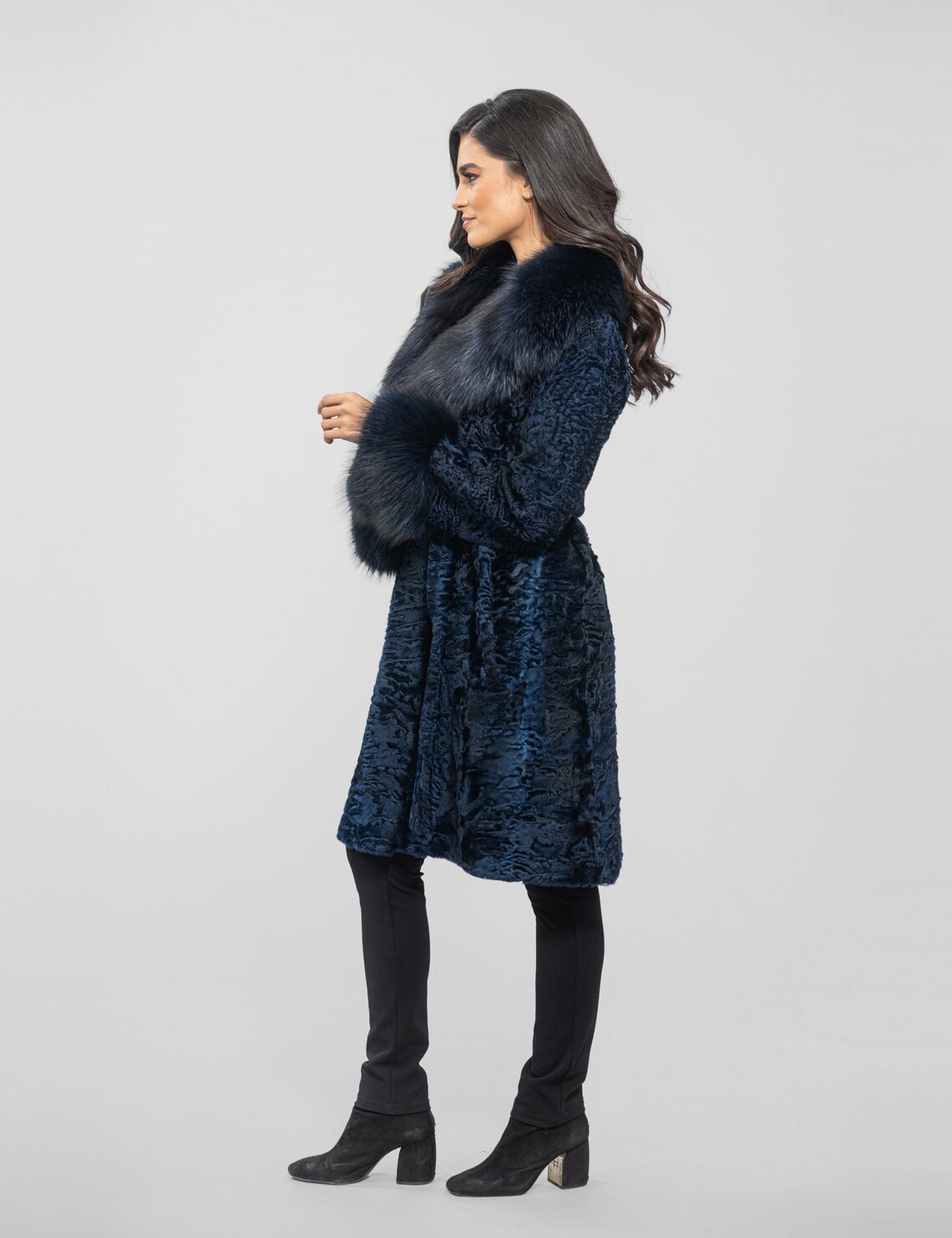 Long Line Dark Blue Astrakhan Fur Coat With Real Fox Fur and Belt ...