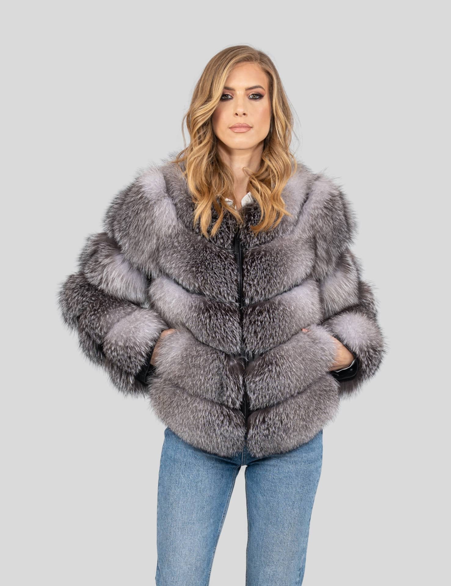 Blue Frost Real Fox Fur Jacket With Genuine Leather. Short Line Black ...