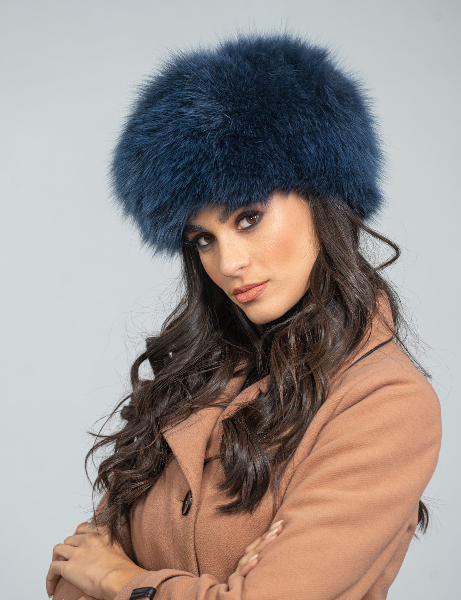 Βlue Real Fox Fur Russian Hat for Winter. Handmade Fluffy Cossack Hat ...