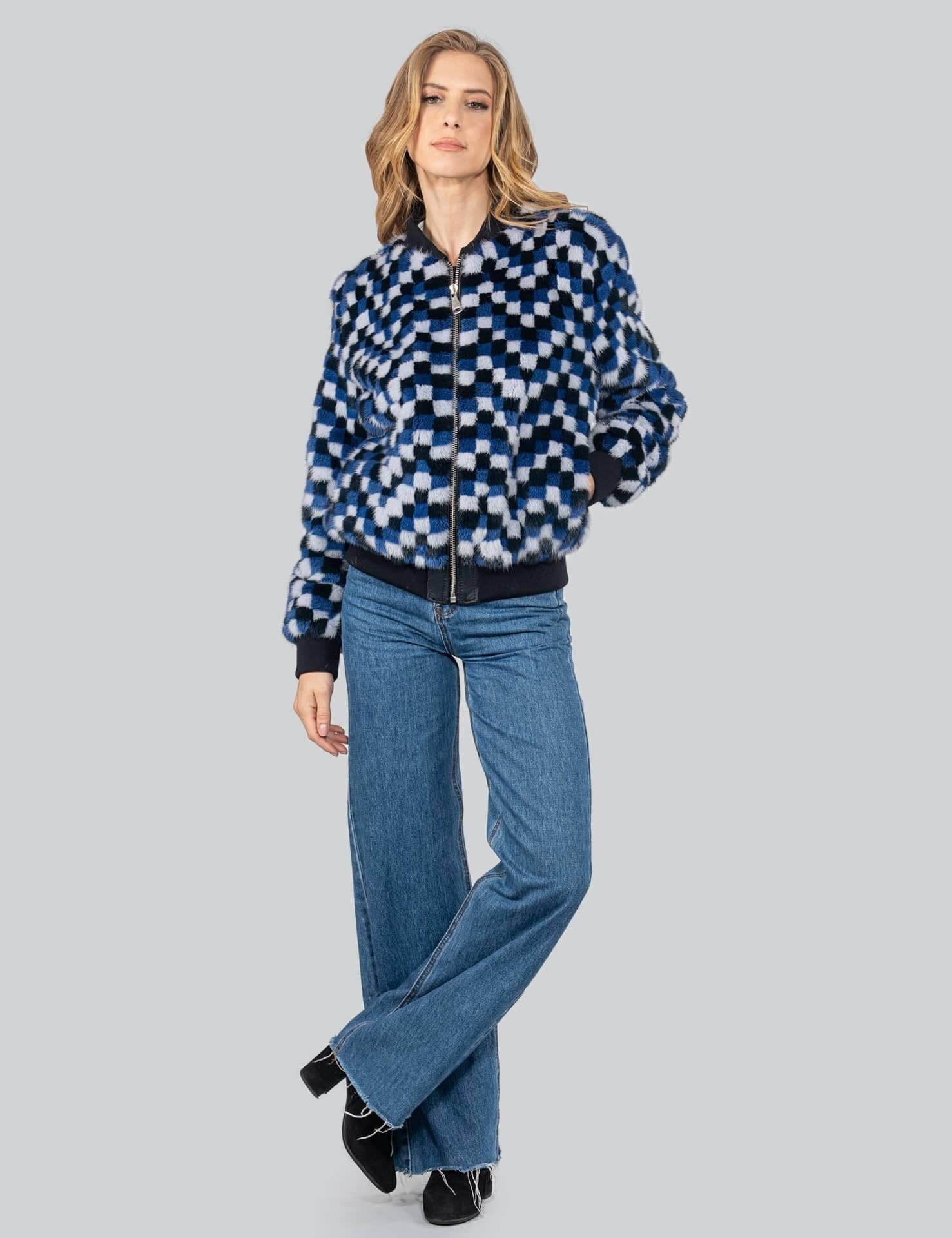 Modern Real Mink Fur Jacket in Black, Blue and Grey Color With Zipper ...