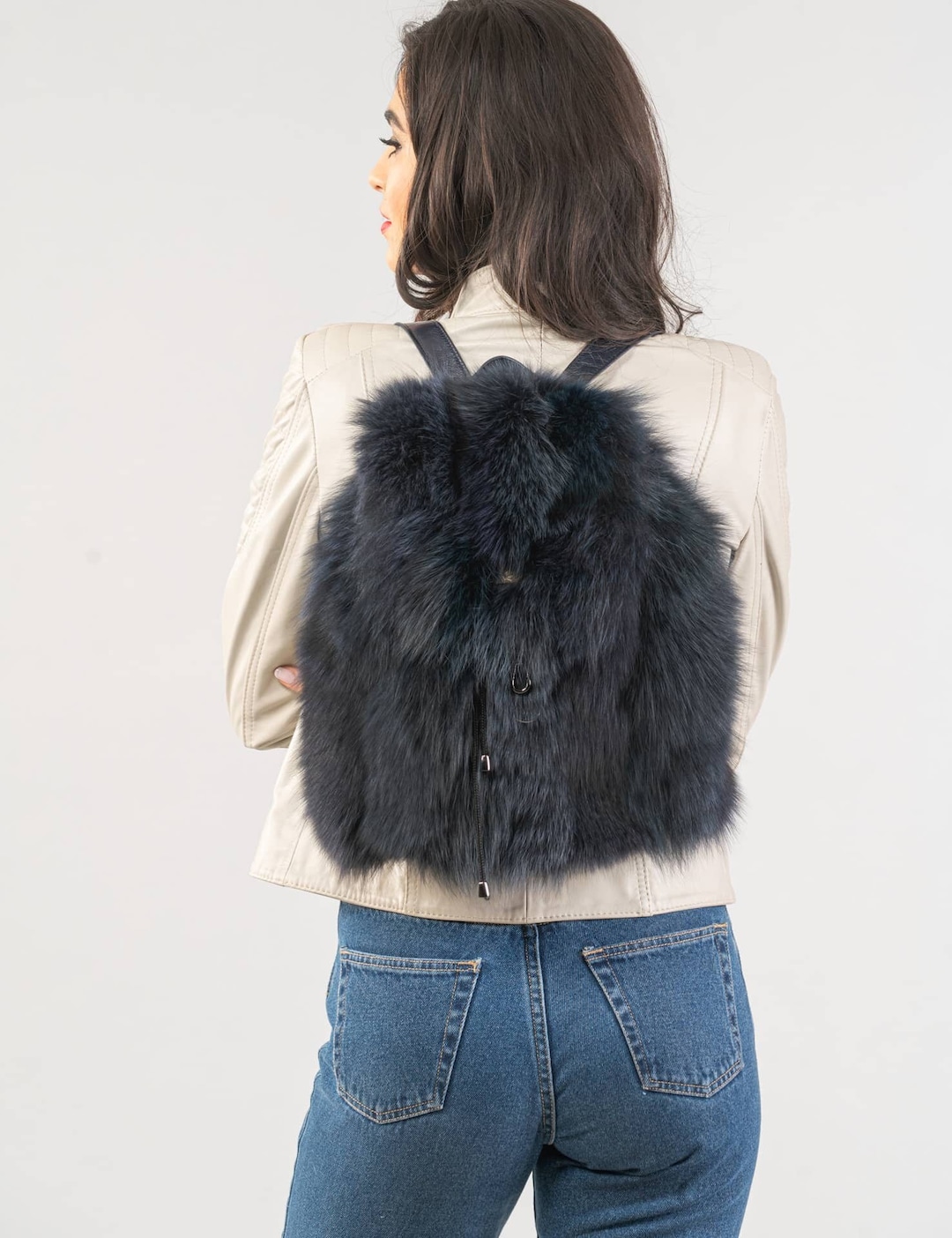 Navy Blue Real Fluffy Fox Fur Backpack With Genuine Leather to the Back ...