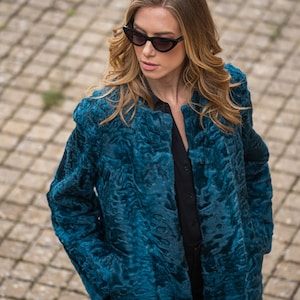 Luxury Astrakhan Fur Coat. Turquoise Color. Collarless. Modern Womens ...