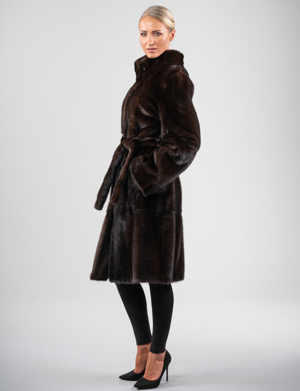 Long Dark Brown Saga Mink Fur Coat With Belt. Full Skin Real - Etsy