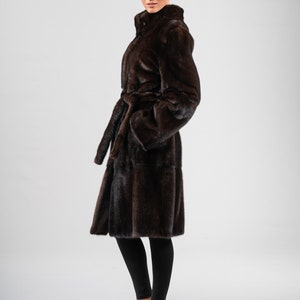 Long Dark Brown Saga Mink Fur Coat With Belt. Full Skin Real Mink Fur ...