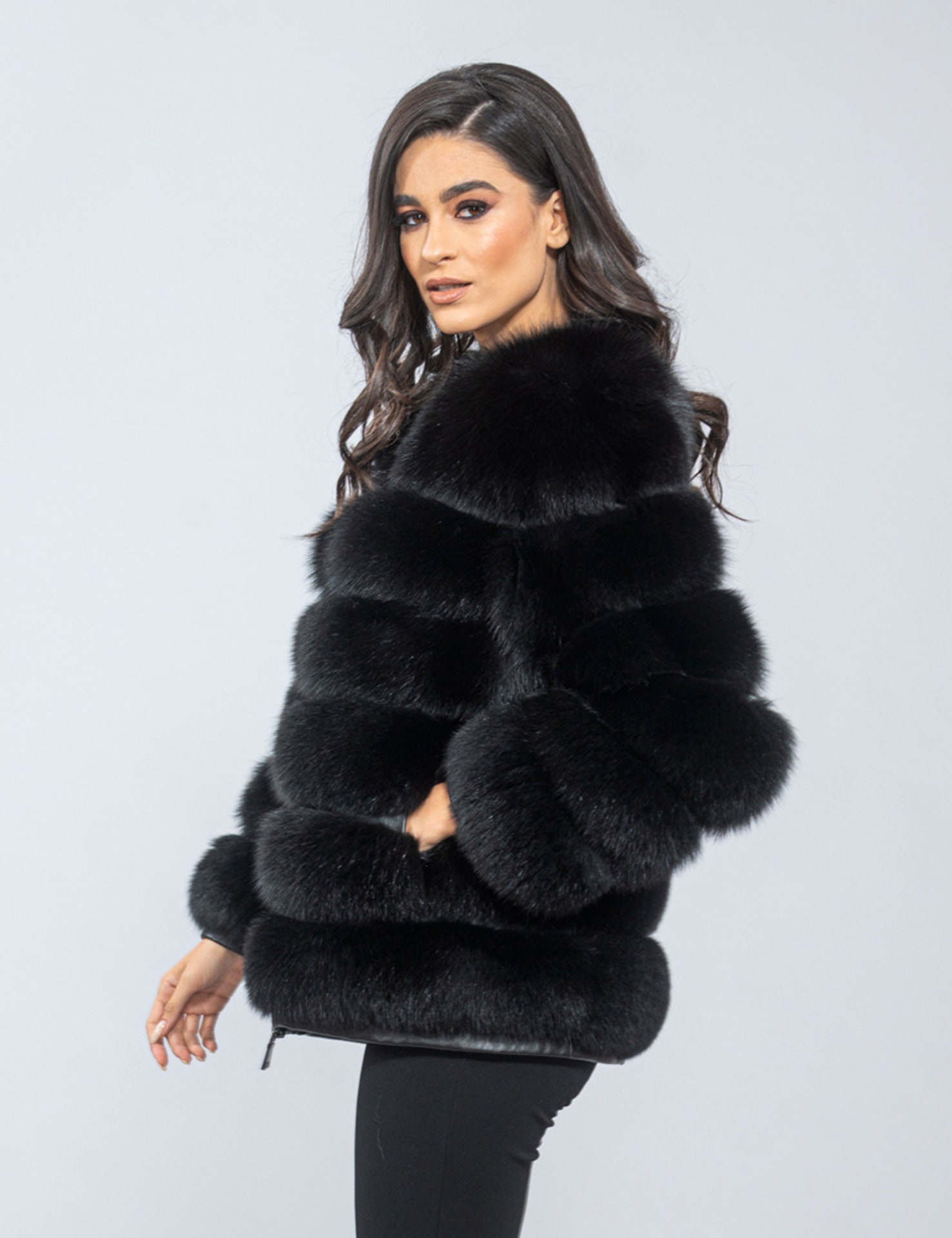 Fluffy Black Fox Fur Jacket. Full Skin Fox Fur, Collarless Winter ...