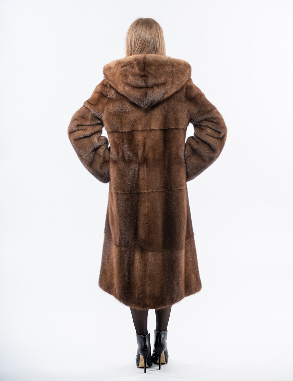 Hooded Brown Saga Long Line Mink Fur Coat. Overcoat, Warm Coat, Full ...