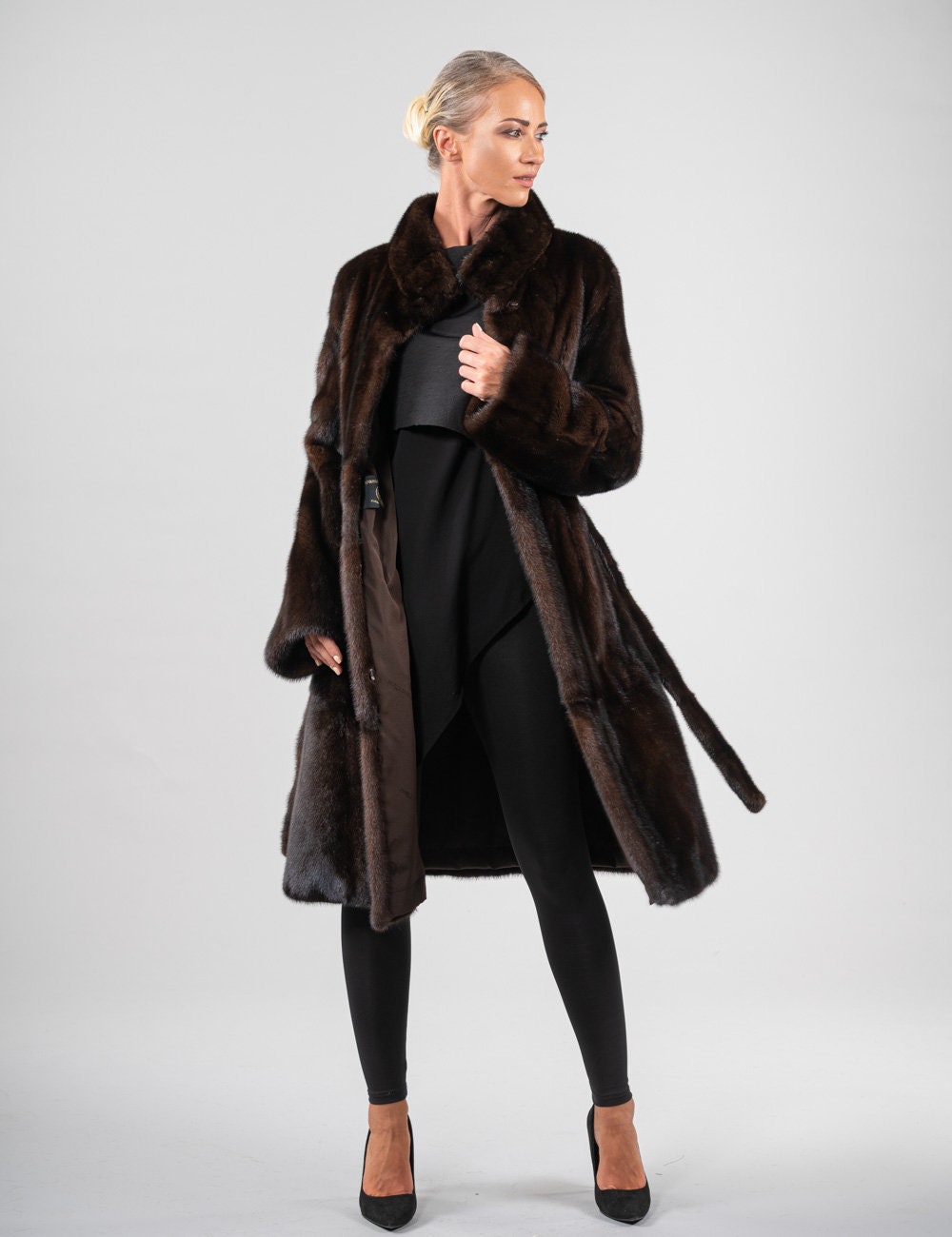 Long Dark Brown Saga Mink Fur Coat With Belt. Full Skin Real Mink Fur ...