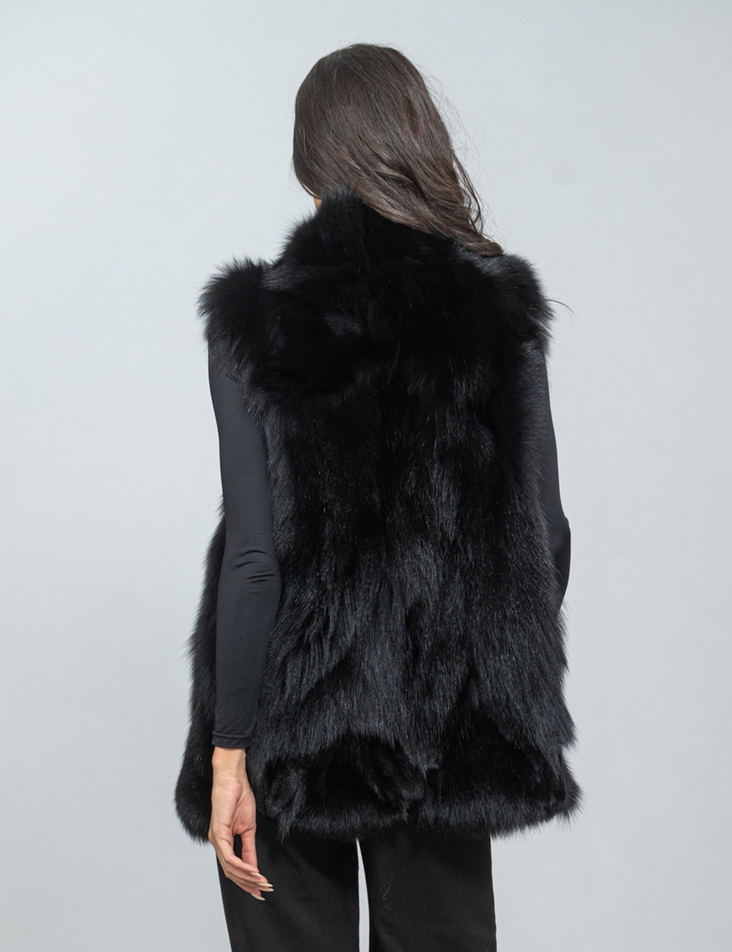 Black Fox Fur Vest With Stand Collar. Fluffy Real Fox Fur Vest. Winter ...