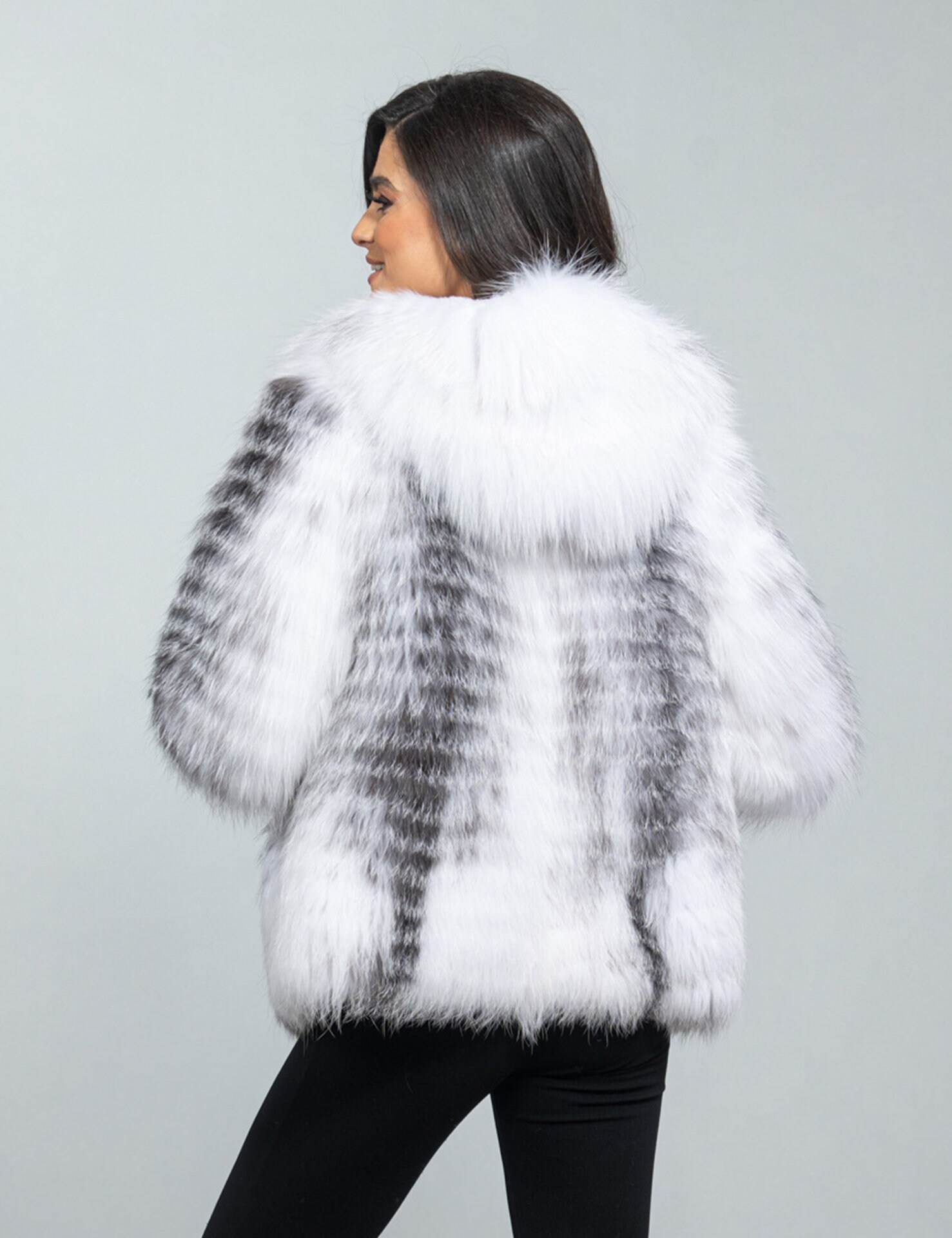 Hooded Arctic Marble Fox Fur Jacket. Natural Color Full Skin Real Fox ...
