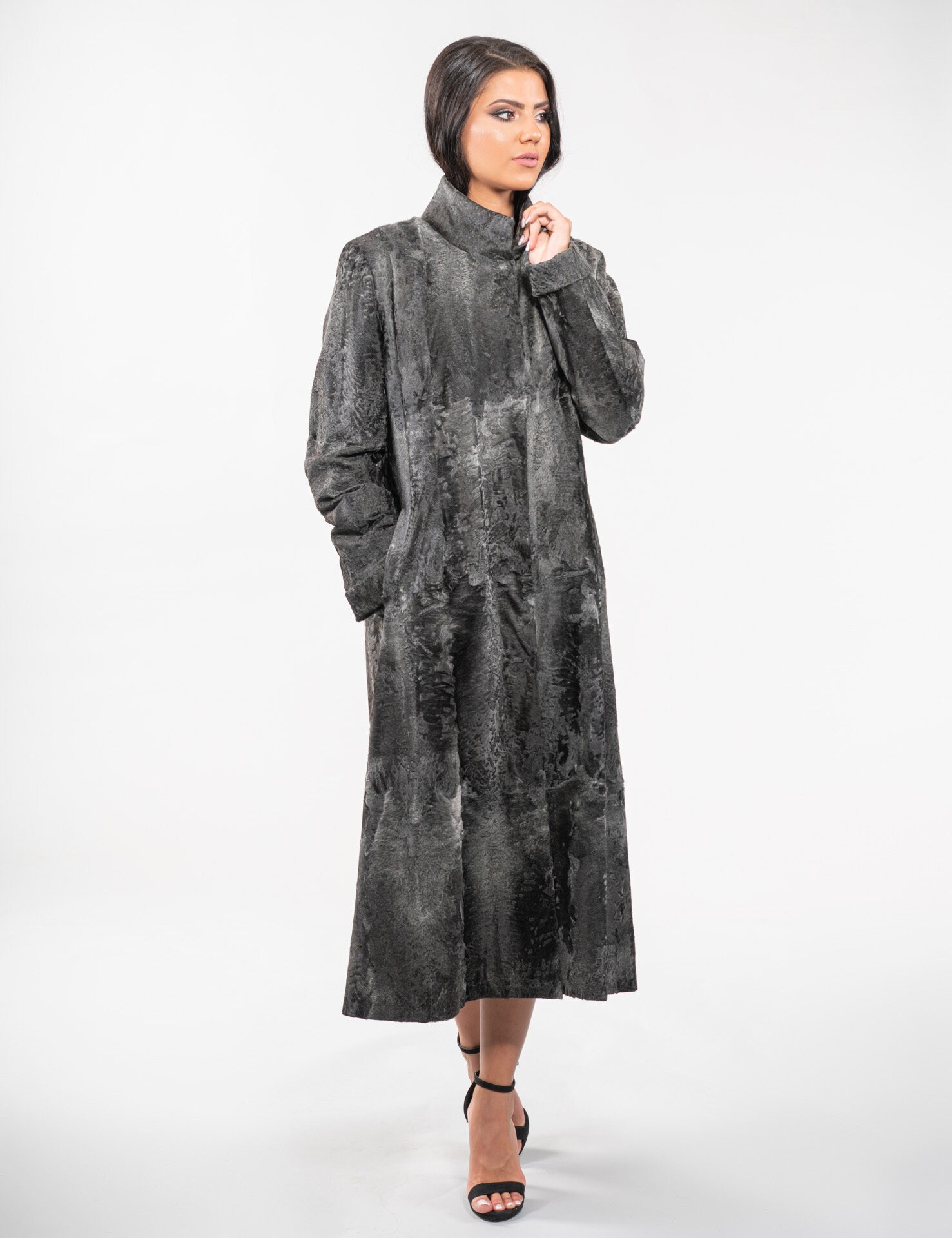 Graphite Gray, Real Astrakhan Fur Coat, Full Length, Straight Line Coat ...