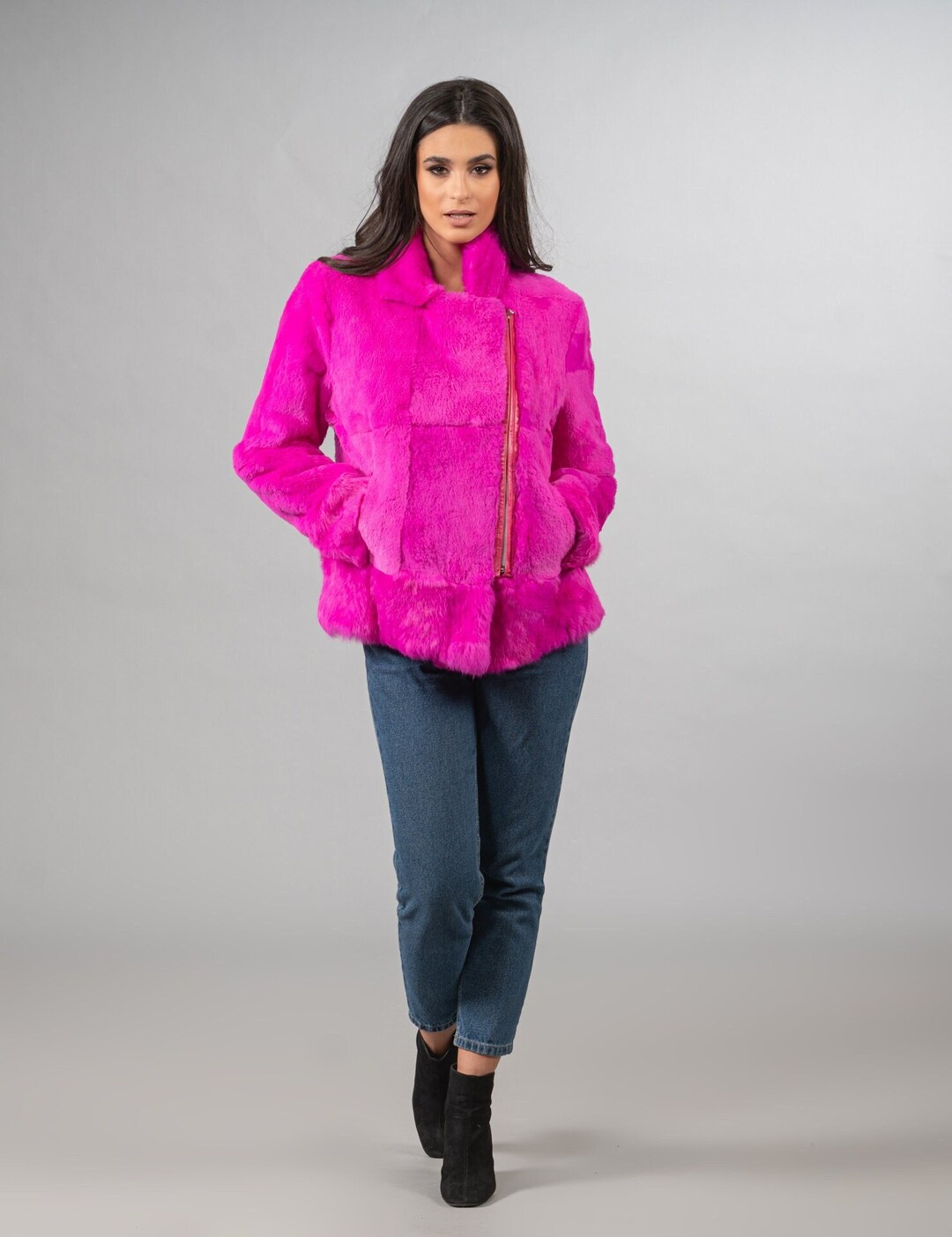 Biker Jacket in Fuchsia Color With a Diagonal Zipper Closure - Etsy