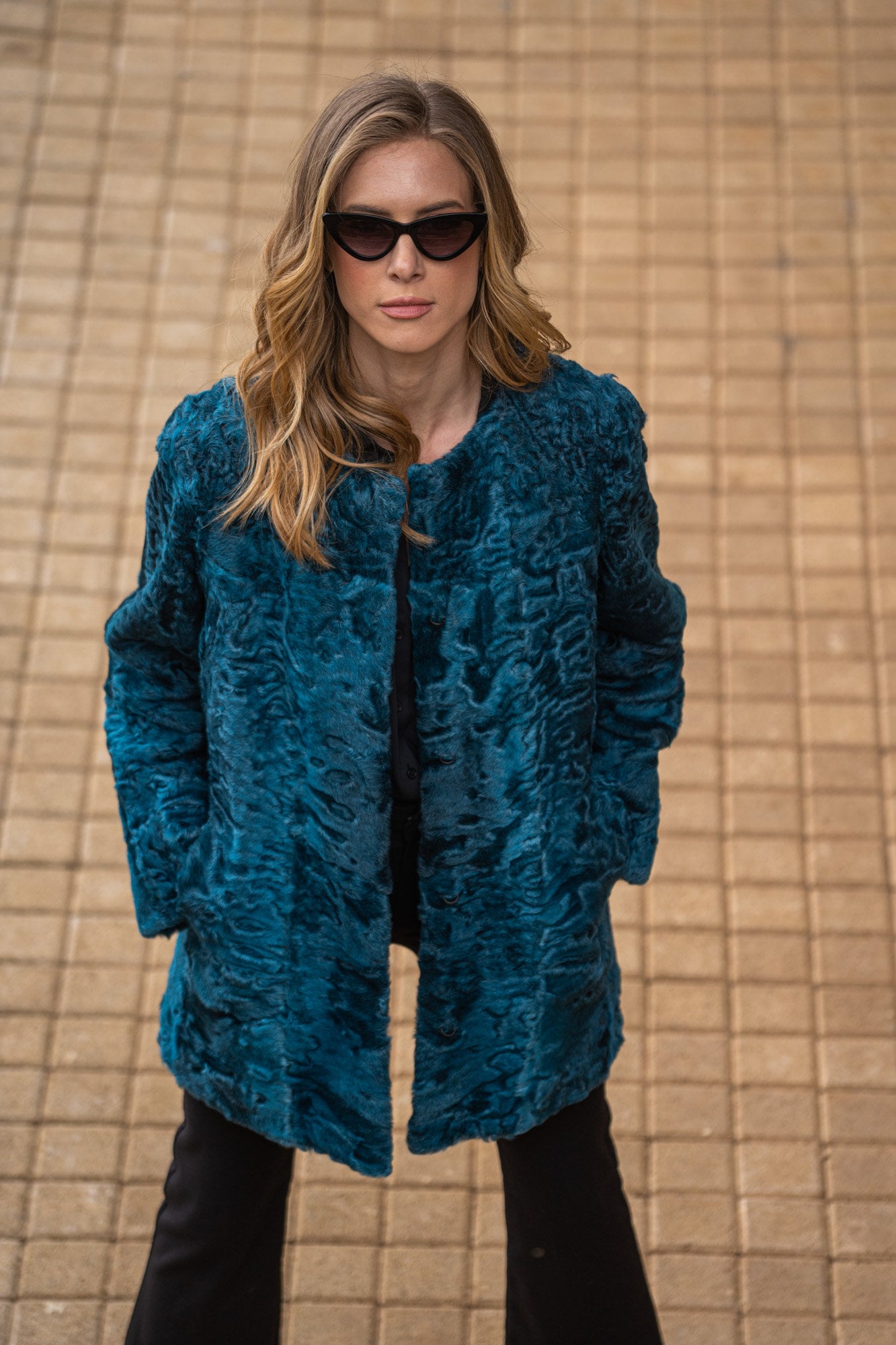 Luxury Astrakhan Fur Coat. Turquoise Color. Collarless. Modern Womens ...
