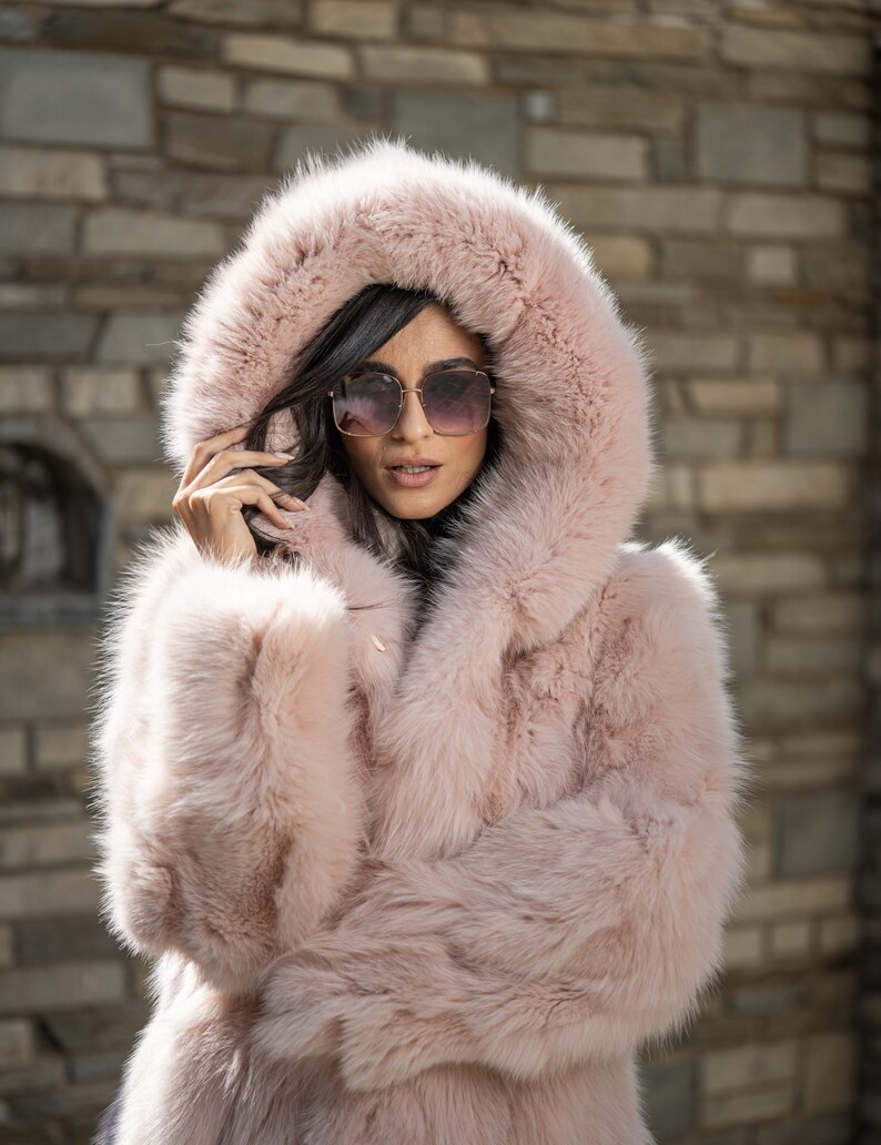Long Line Fluffy Pink Fox Fur Coat With Hood. Super Warm Real Fox Fur ...