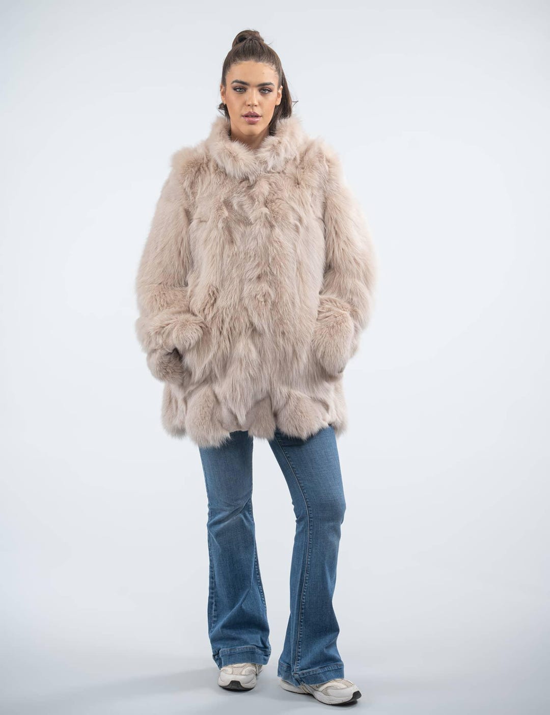 Beige Real Fox Fur Coat With High Neck Collar. High Quality Zaets Fox ...