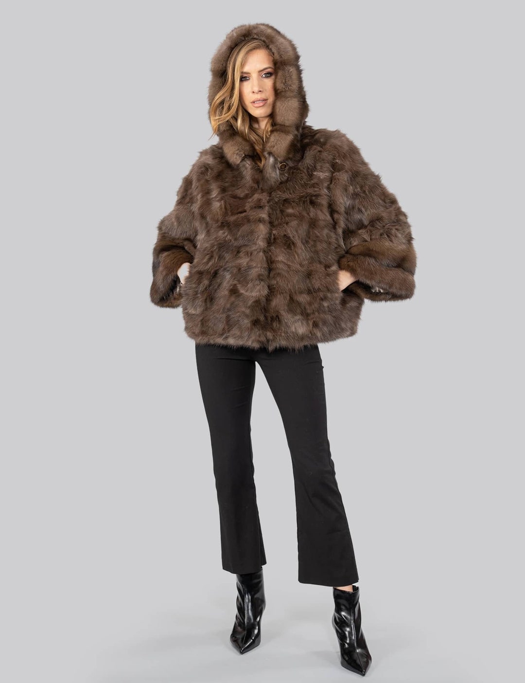 Hooded Light Brown Real Sable Fur Cape. One Size Genuine Sable Fur With Hood. Warm Winter Women ...