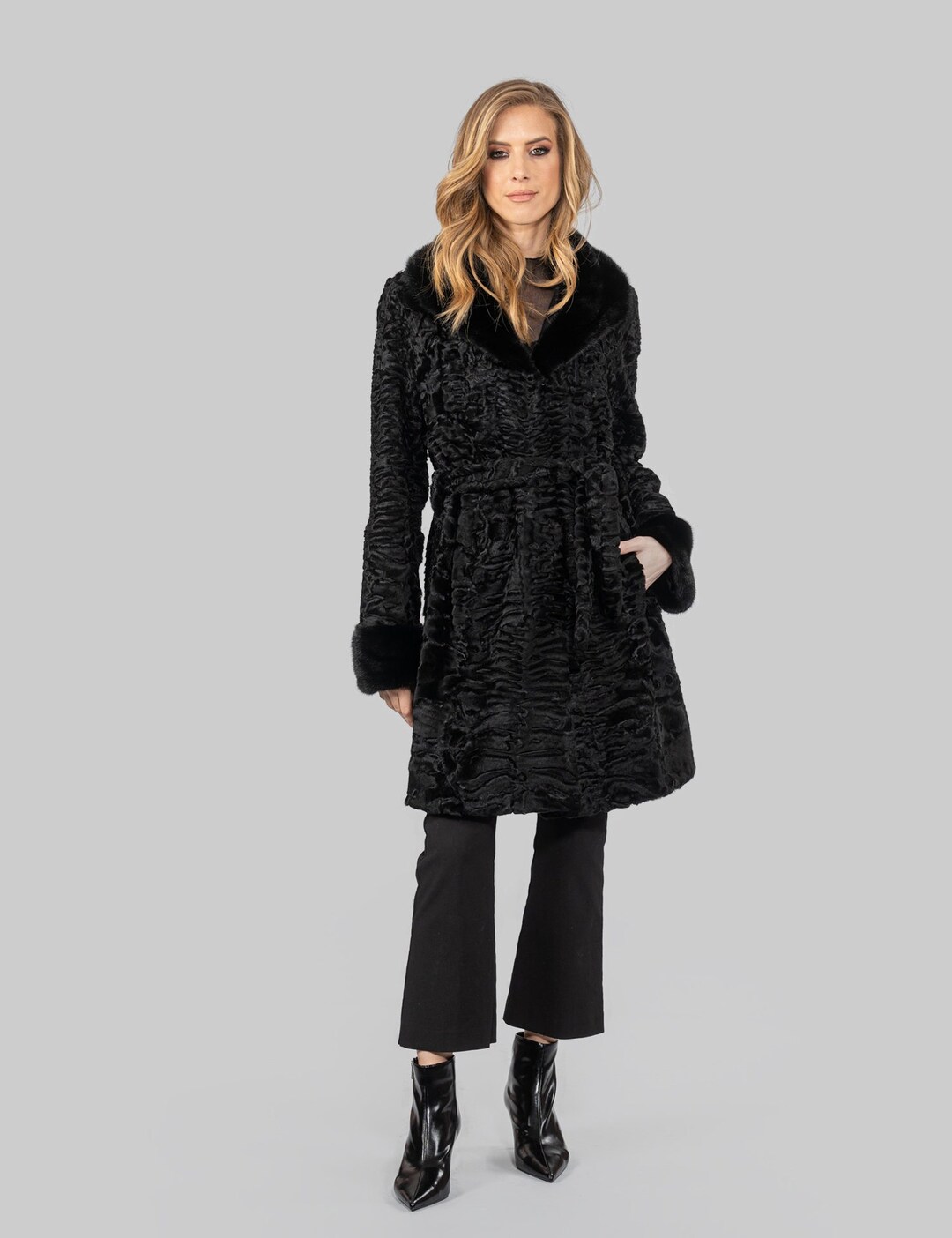 Long Line Real Astrakhan Fur Coat. Black Color. Knee Length Astrakhan ...