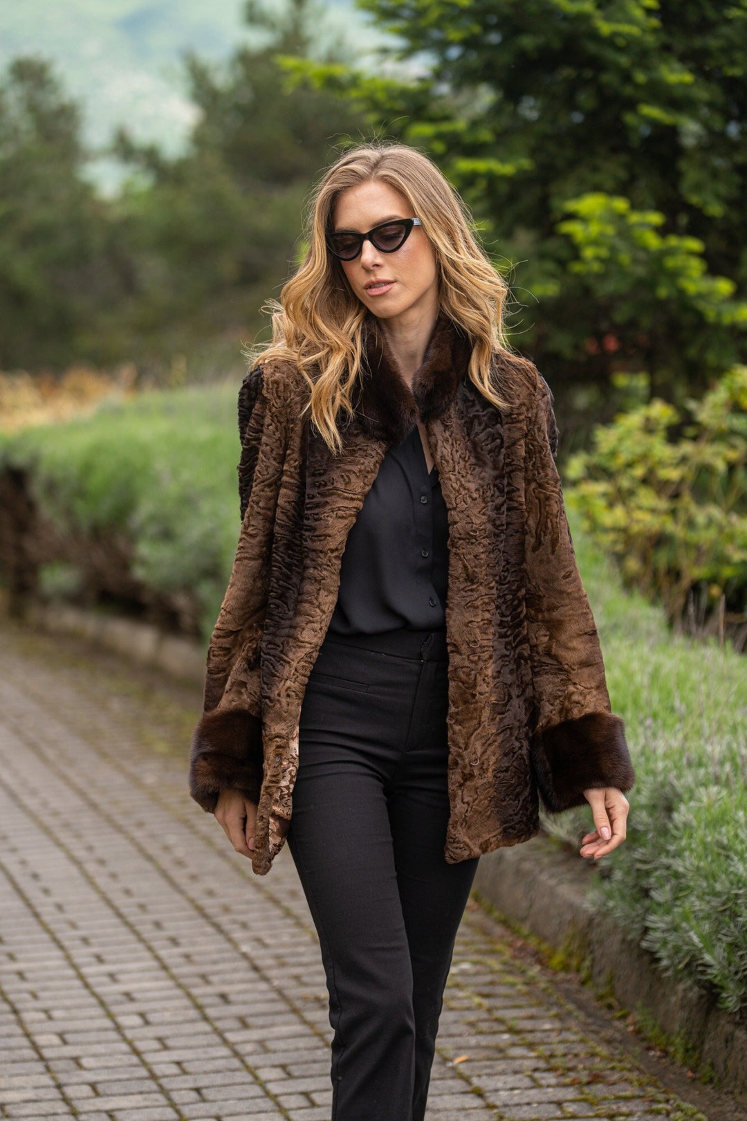 Brown Real Astrakhan Fur Jacket With Mink Fur Collar and Cuffs. Stand Collar. Modern Swakara ...