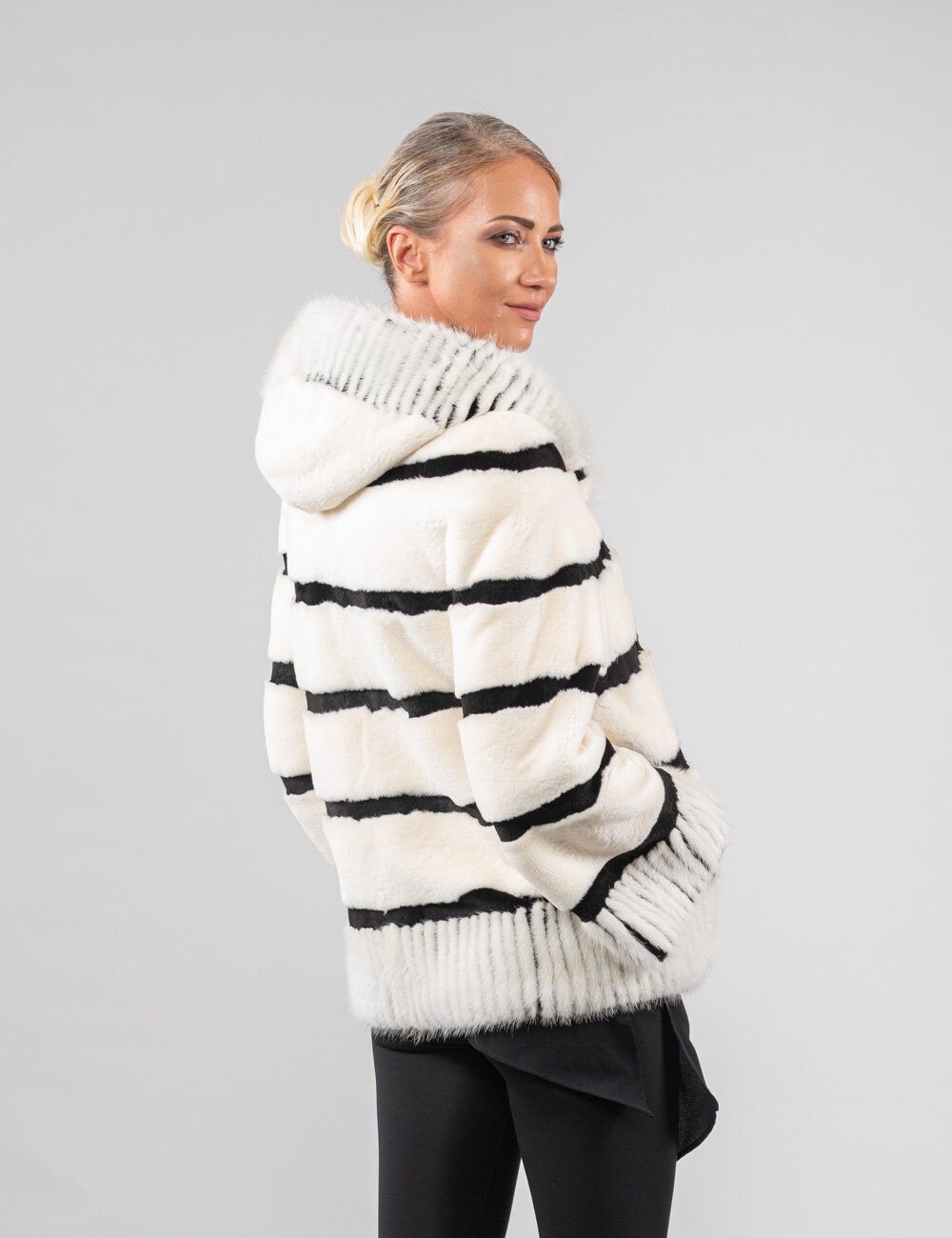 Two Colored Hooded Mink Fur Jacket Black and White. Classy - Etsy UK