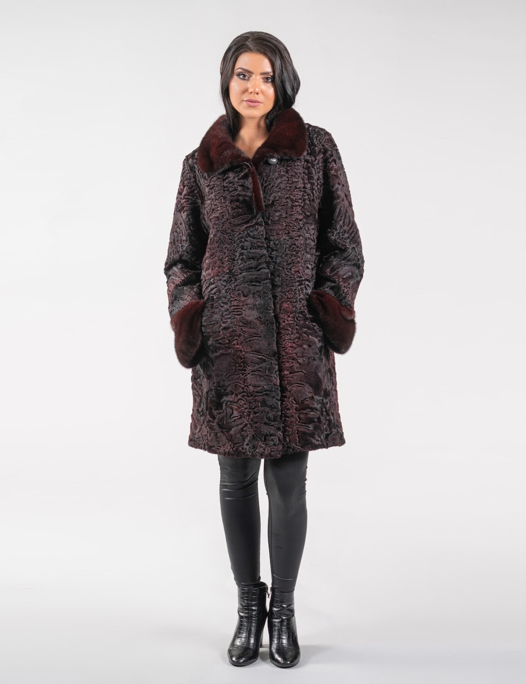 Astrakhan Fur Coat With Mink Details on the Cuffs and Collar. Winter ...