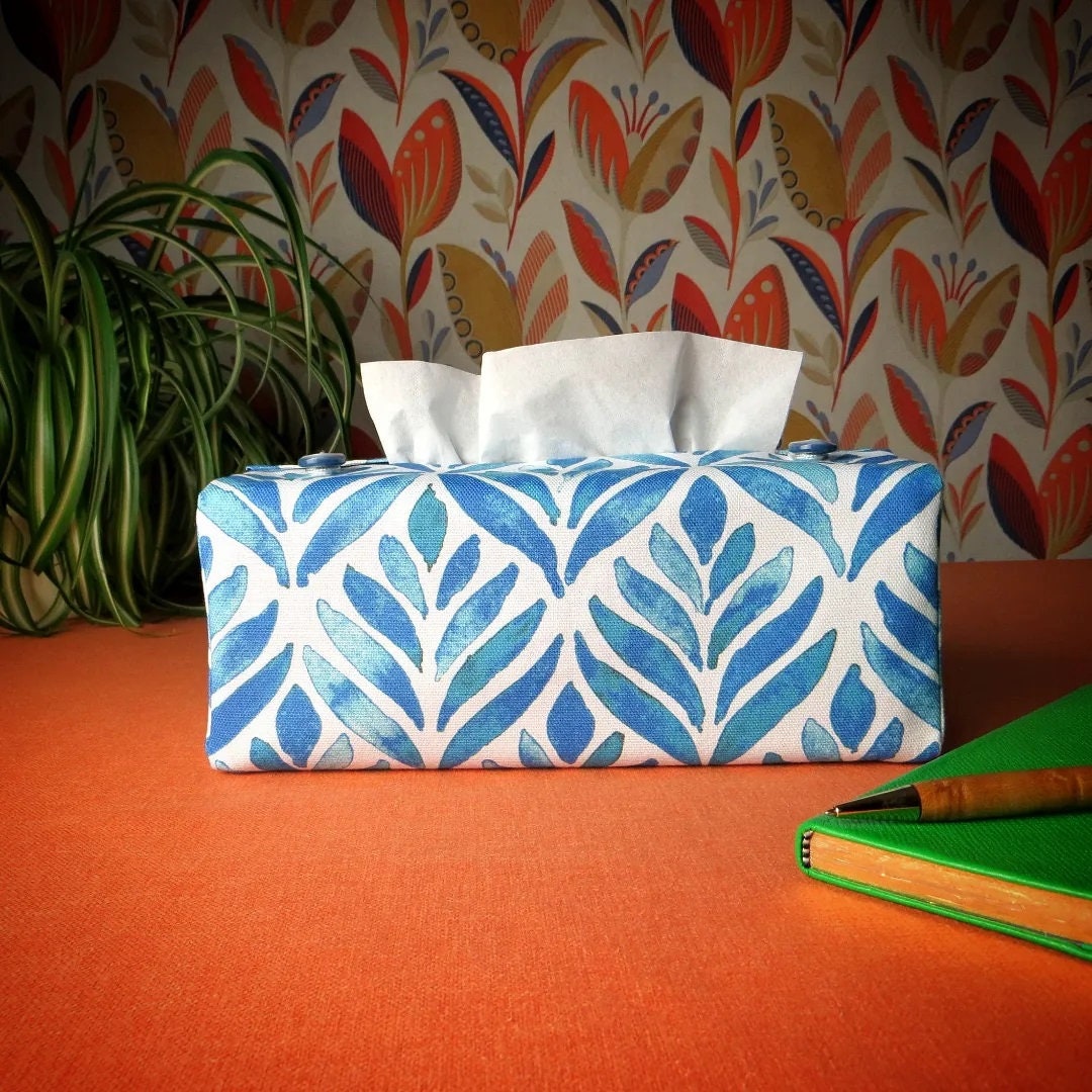 Fabric Rectangle Tissue Box Cover Blue Watercolour Leaves - Etsy