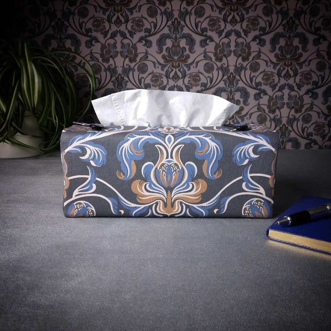 Fabric Rectangle Tissue Box Cover Baroque Style Floral on Navy - Etsy