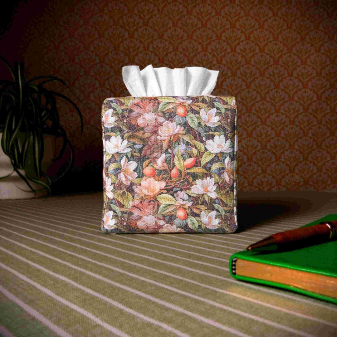 Cube Tissue Box Cover: Floral Forest Design on Linen - Etsy