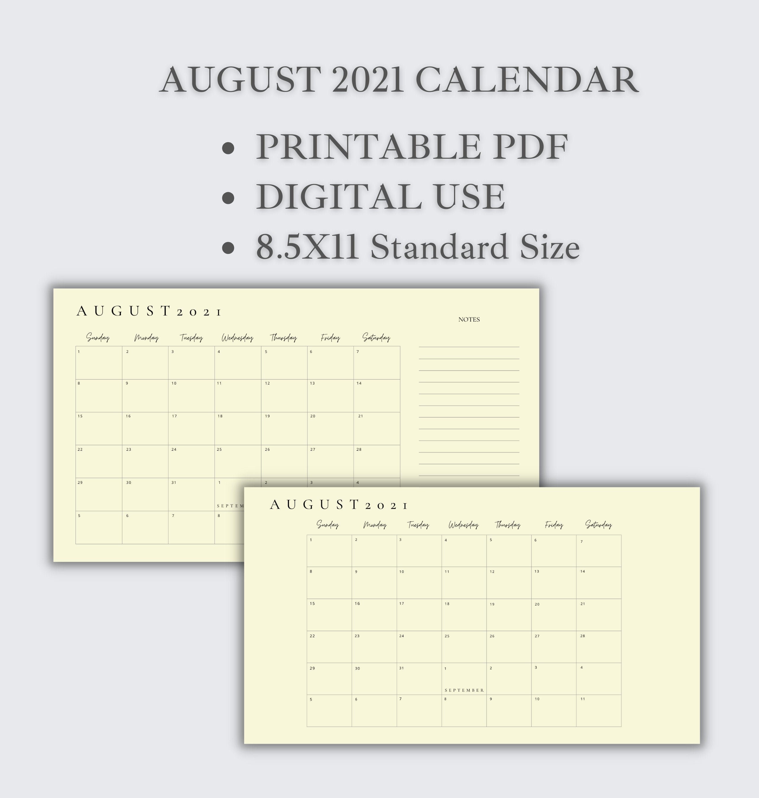 August 2021 Printable Calendar, Instant Download Calendar, Minimalist ...