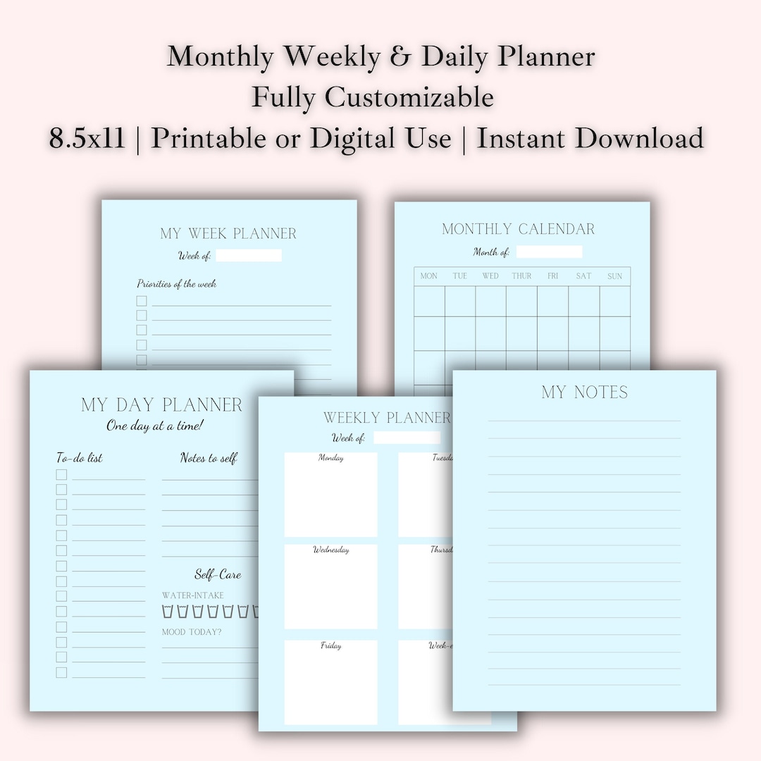 Daily Weekly Monthly Planner, Printable Planner, Customizable Planner ...