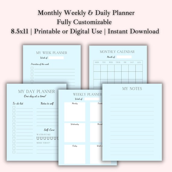 Daily Weekly Monthly Planner Printable Planner Customizable - Etsy