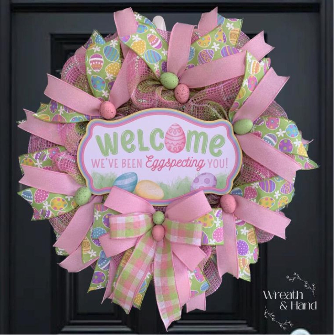 Easter Egg Pancake Wreath: Pink & Green Spring Door Decor - Etsy