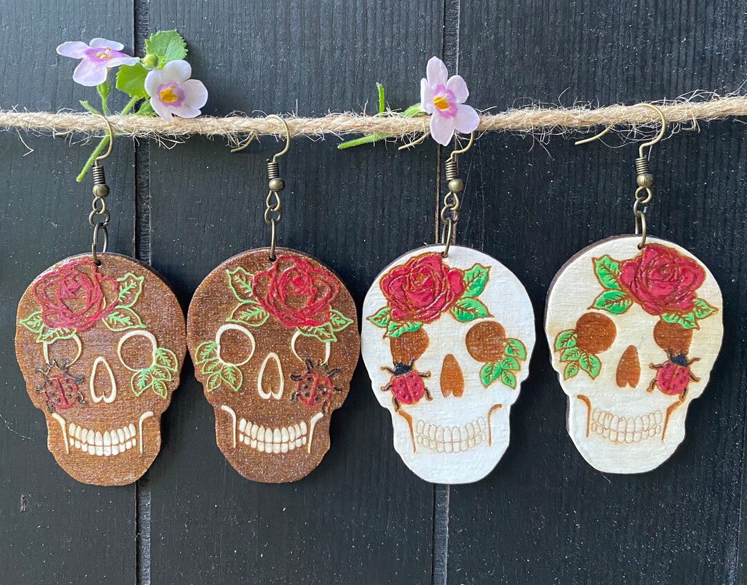 Rose & Ladybug Skull Earrings Svg for Lasers With Reverse Engrave ...