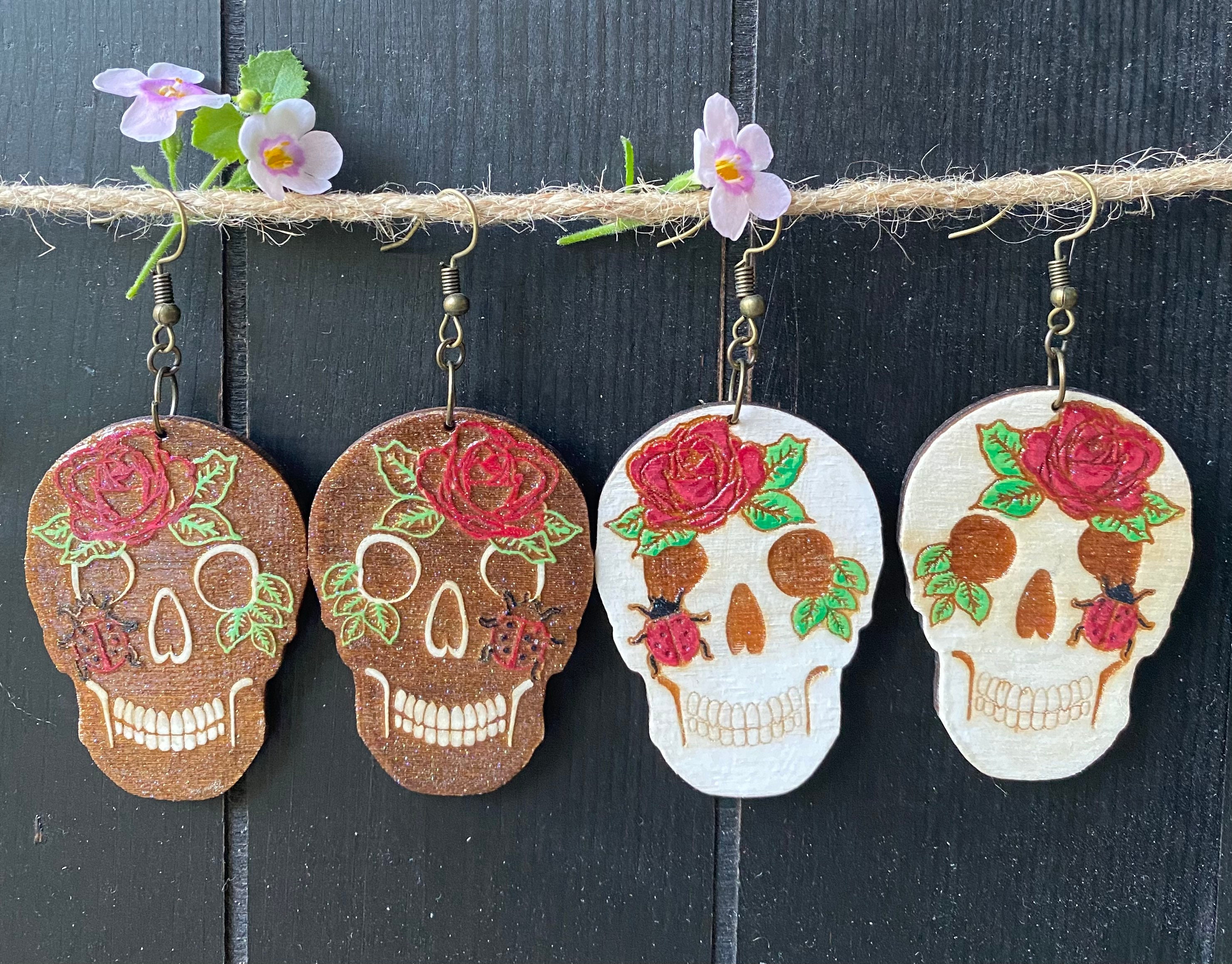 Rose & Ladybug Skull Earrings Svg for Lasers With Reverse - Etsy